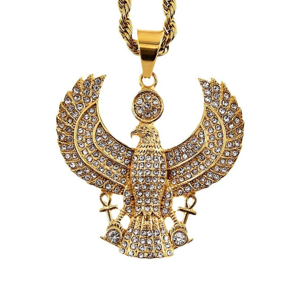 Horus Royal Falcon Eagle 14K Yellow Gold Necklace Pendant Trendy Egyptian Guardian Inlaid Hip ...