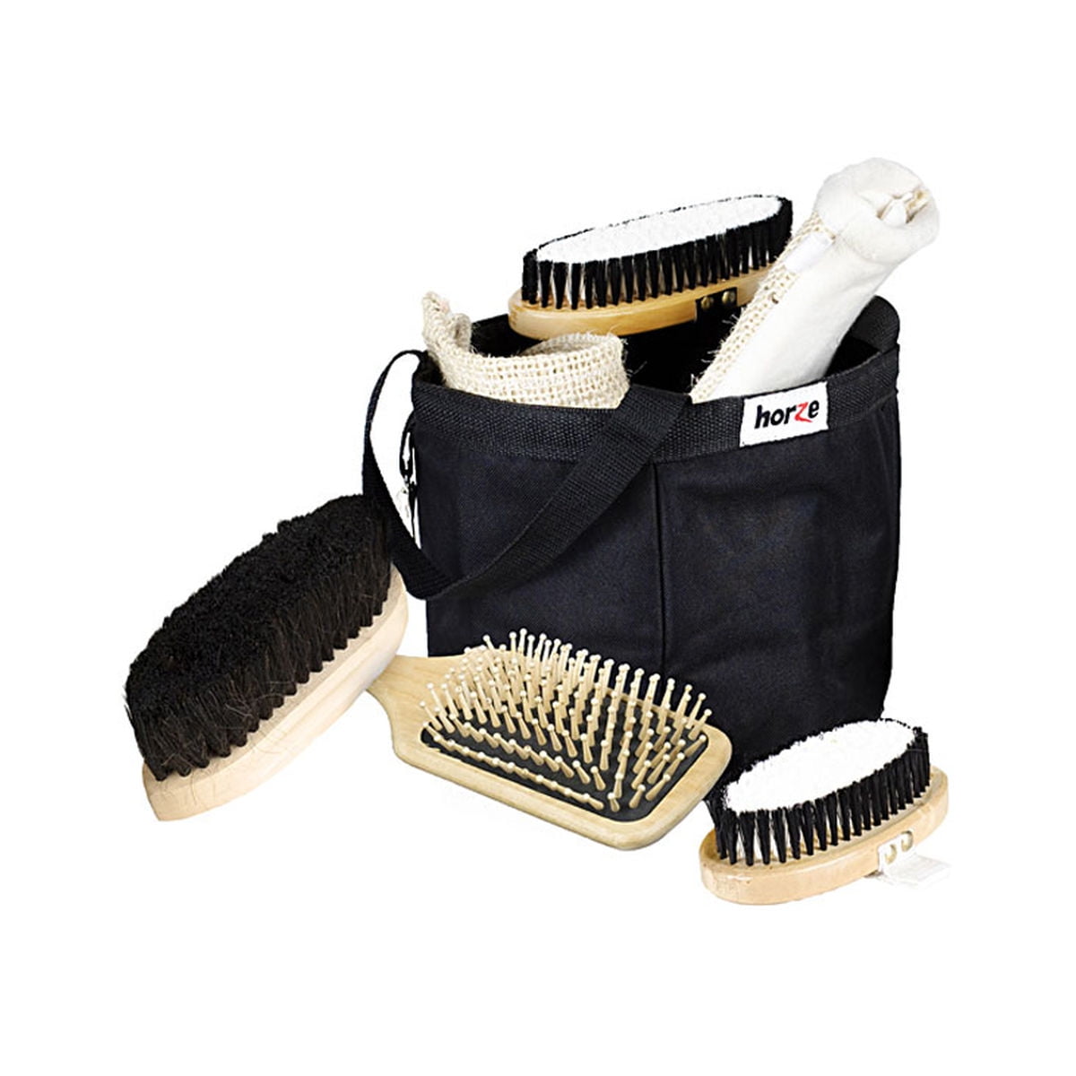 Horze 7-Piece Set Wooden Horse Grooming Kit with Nylon Grooming Tote ...