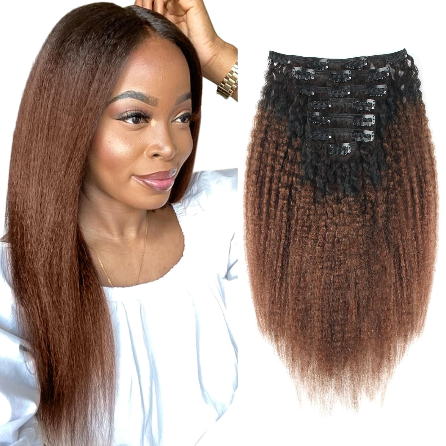 Thick Yaki 22 inch Kinky Straight Clip in Ombre Color Natural Black to ...