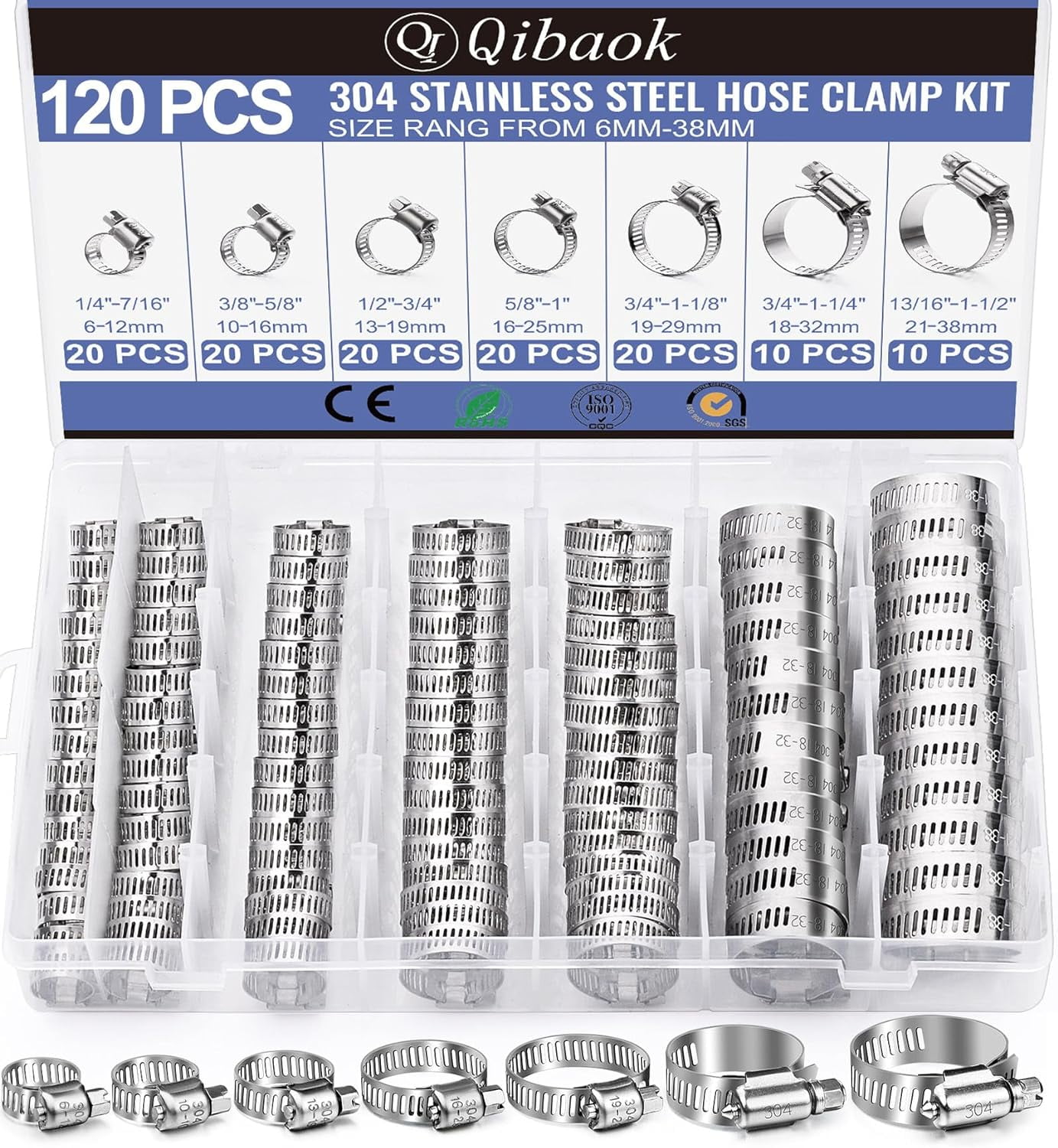 Hose Clamp- 120 PCS Stainless Steel Hose Clamps Assortment Kit 1/4''–1 ...