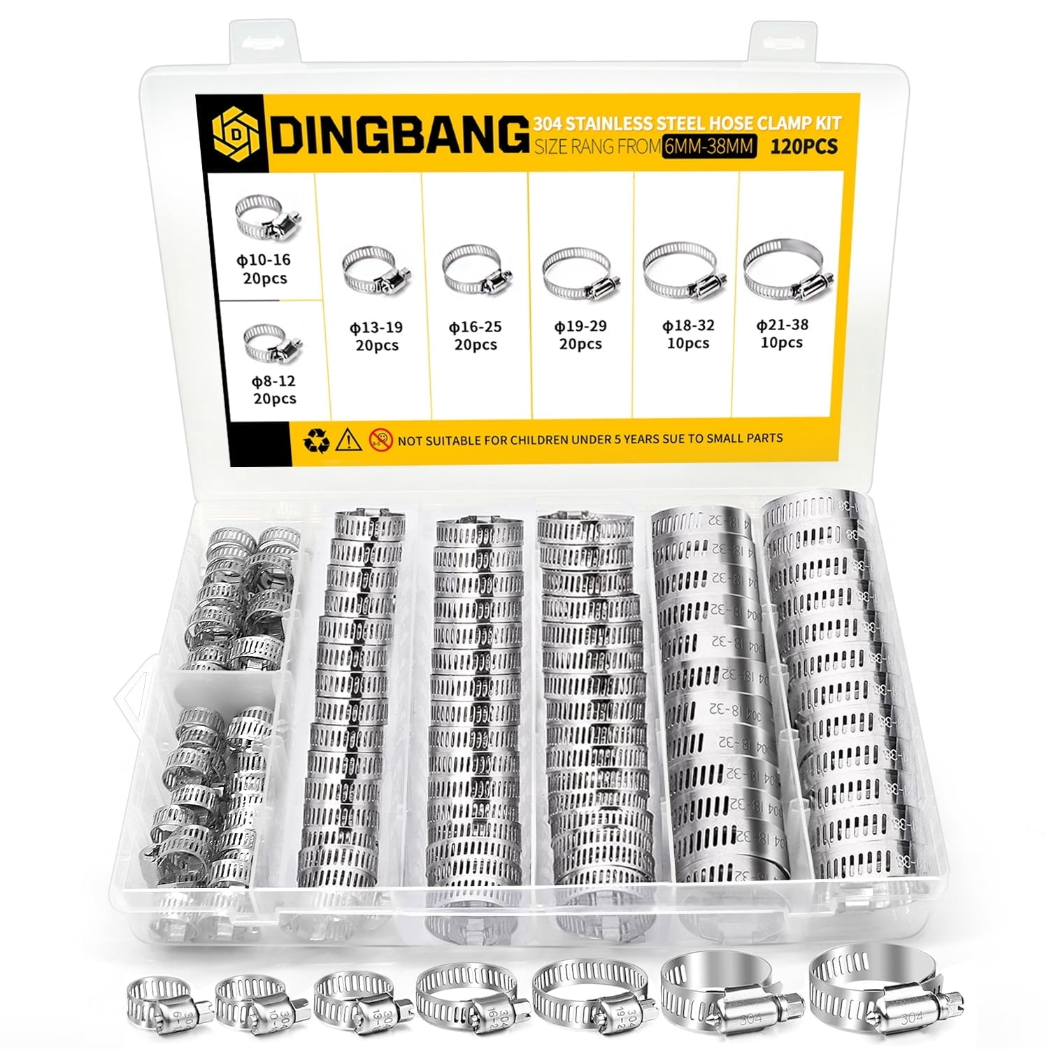 DINGBANG 120Pcs 100% Real Stainless Steel Hose Clamp Assortment Kit, 7 ...
