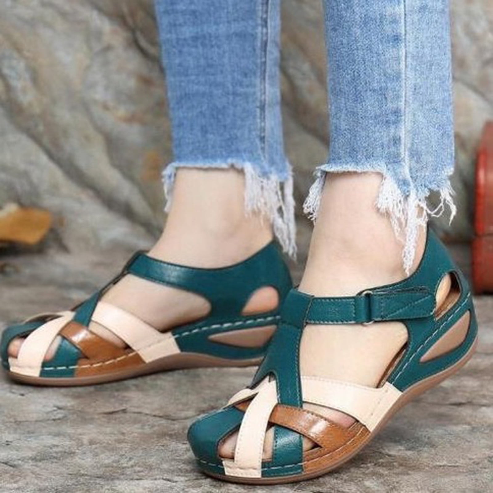 Wensltd Women's PU Leather Closed Toe Sandals Vintage Anti-Slip Cross ...