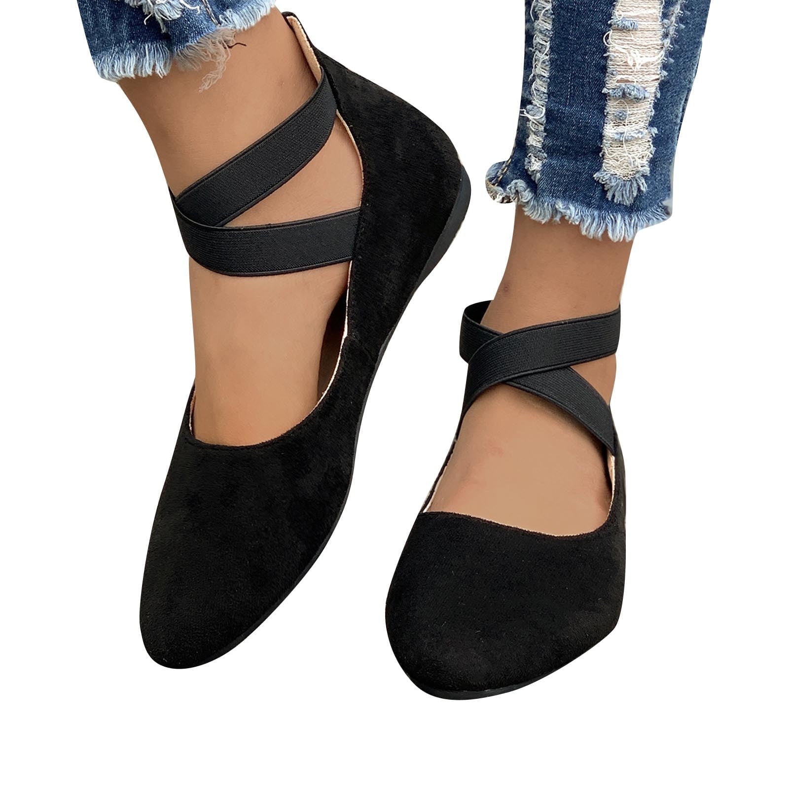 Hoshose Flats for Womens Wide Width Suede Ballet Elastic Strap Round ...