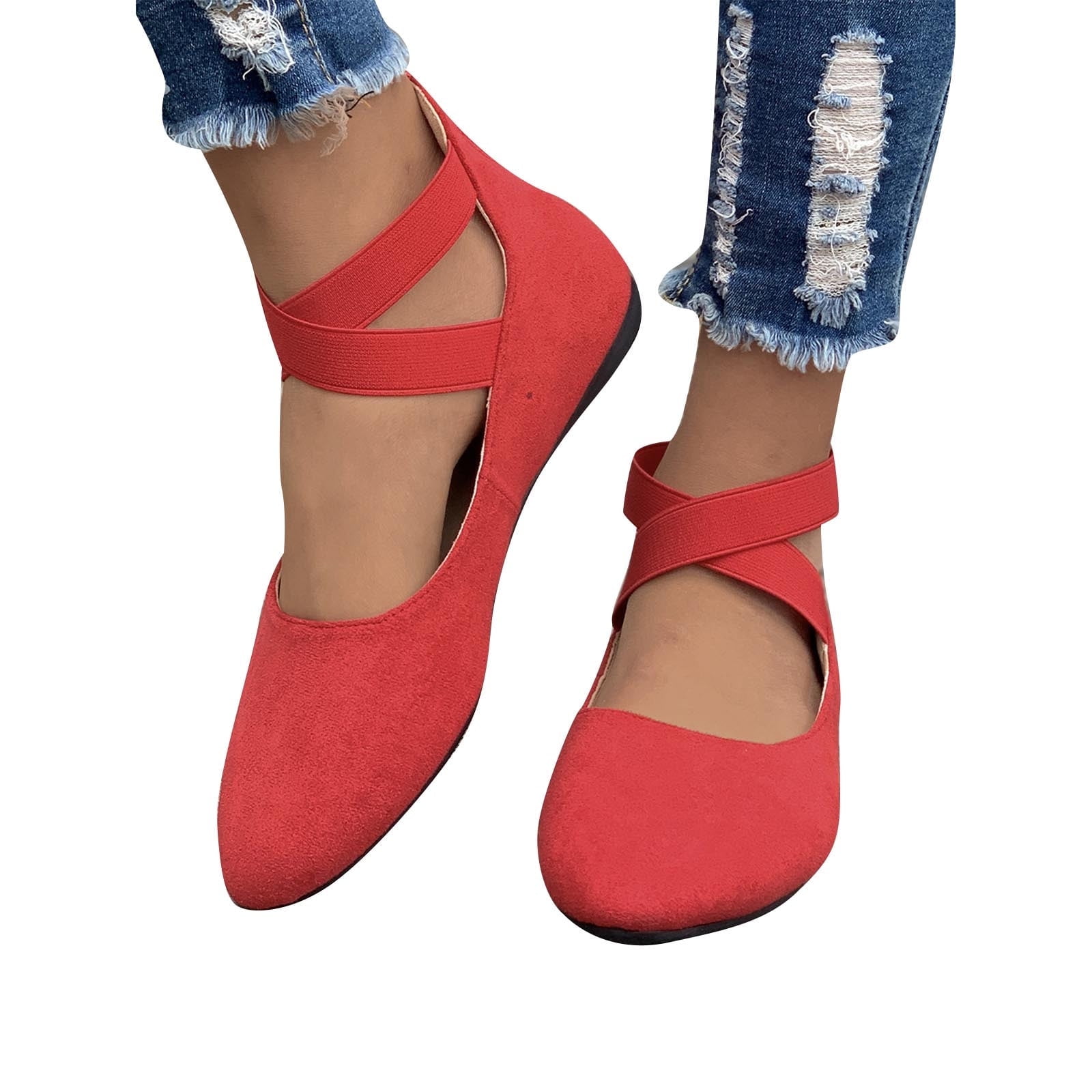 Hoshose Flats for Womens Wide Width Suede Ballet Elastic Strap Round ...