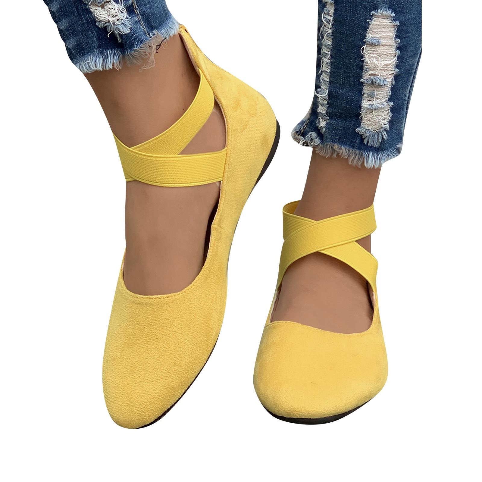 Hoshose Flats for Womens Wide Width Suede Ballet Elastic Strap Round ...