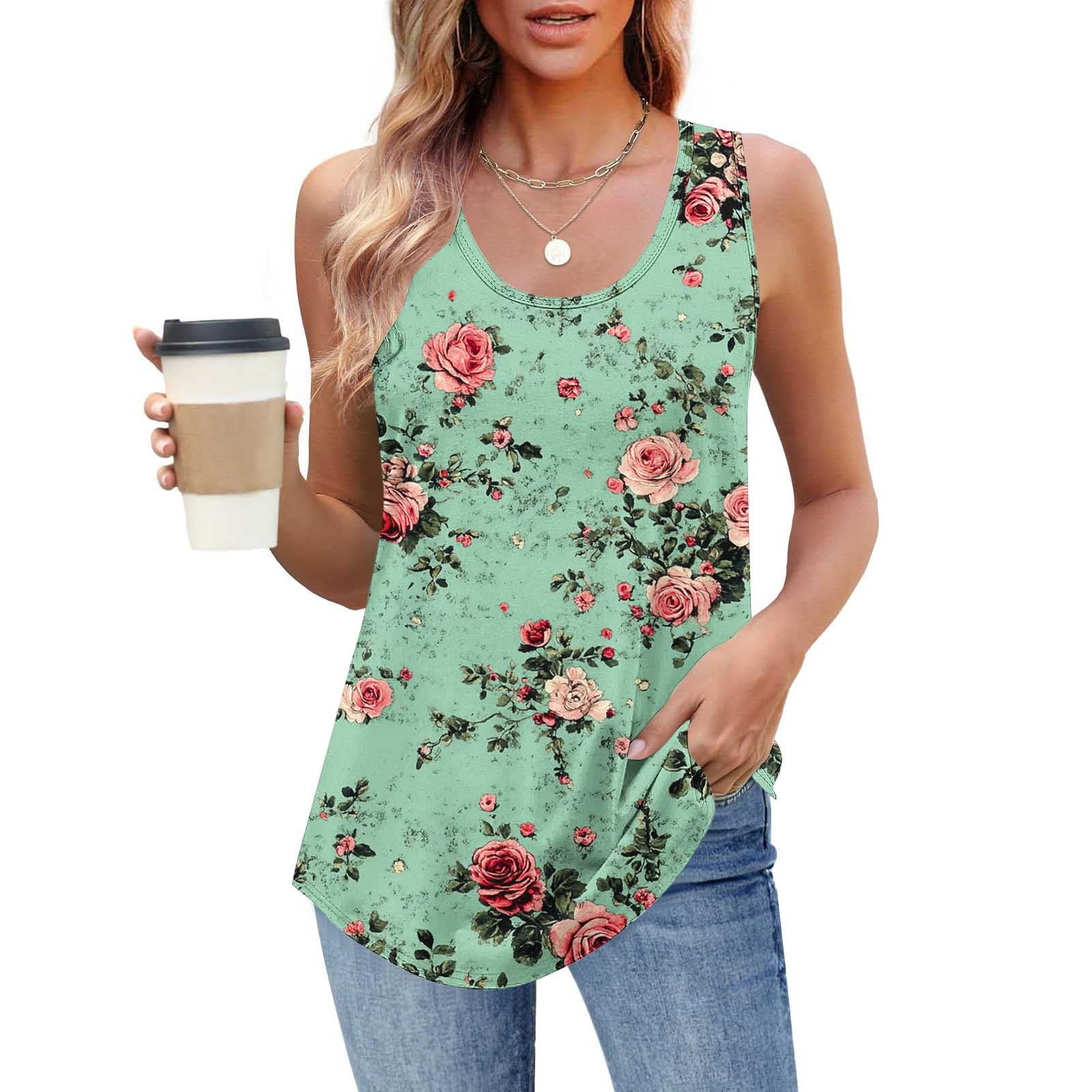 Hoshose Loose Tank Tops Women Pleated Printing Beach Vacation Tops ...