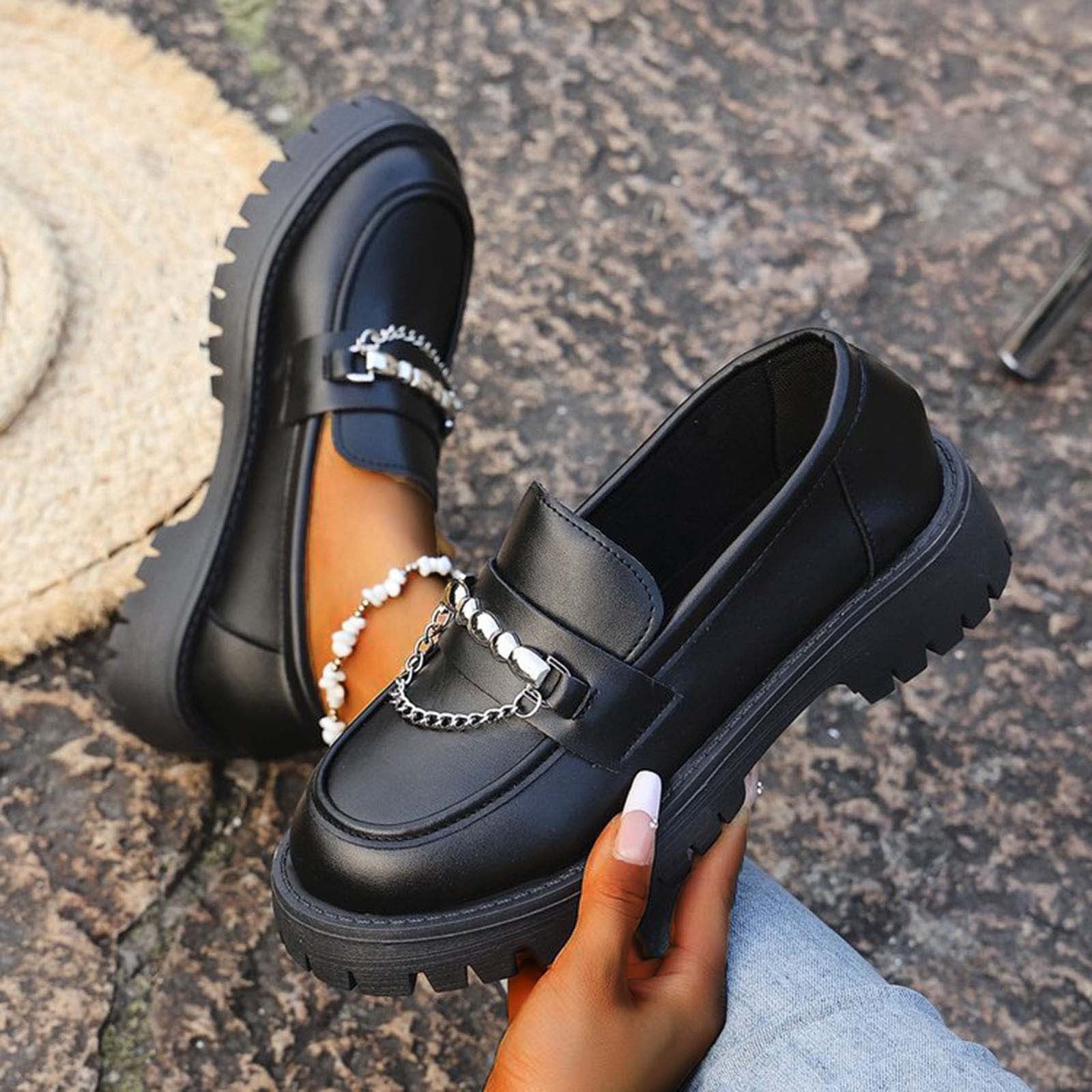 Hoshose Women's Chunky Loafers with Chain Black Penny Loafers Fashion ...