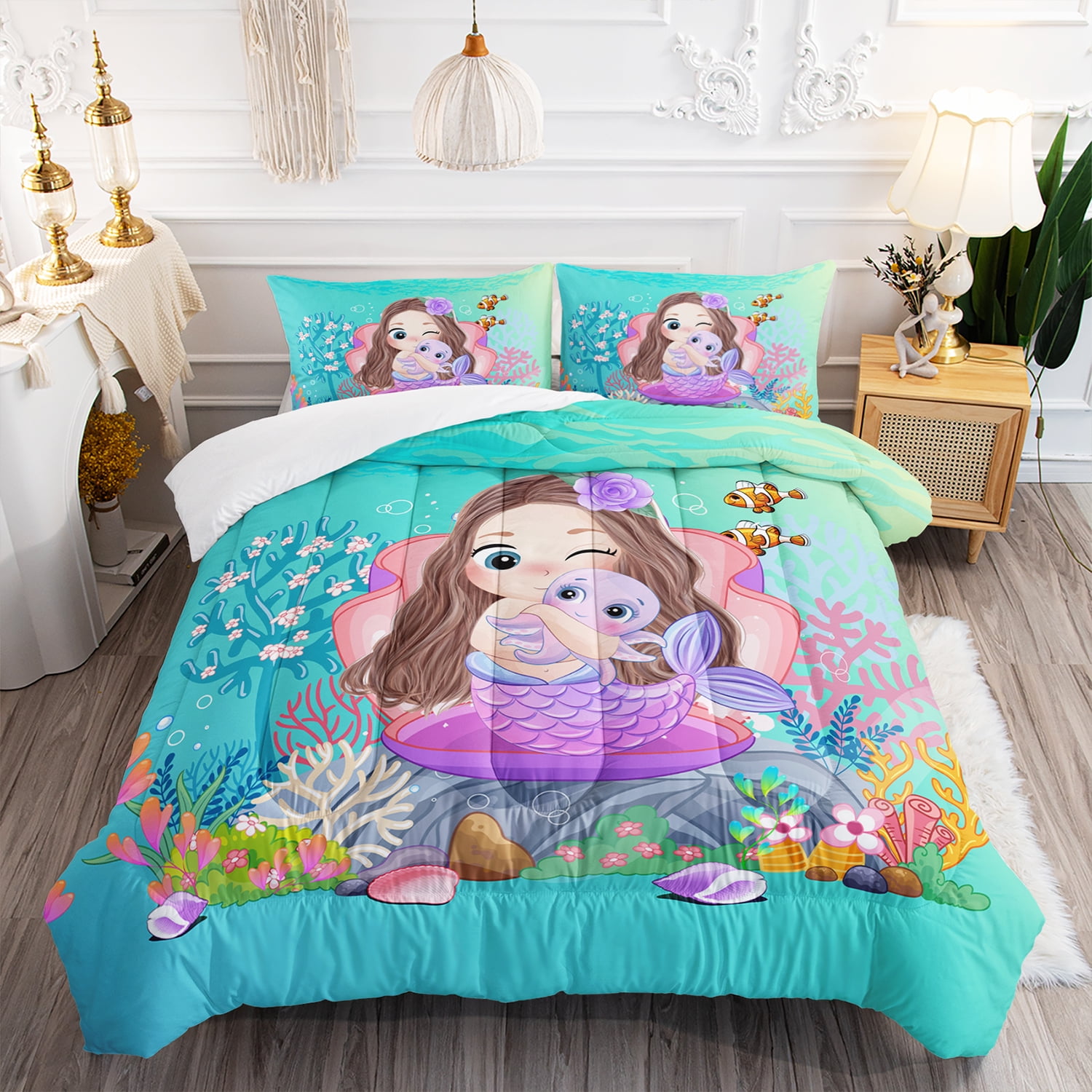 Hosima 3-Piece 3D Digital Printed Comforter Set ，Colorful Mermaid Girl ...