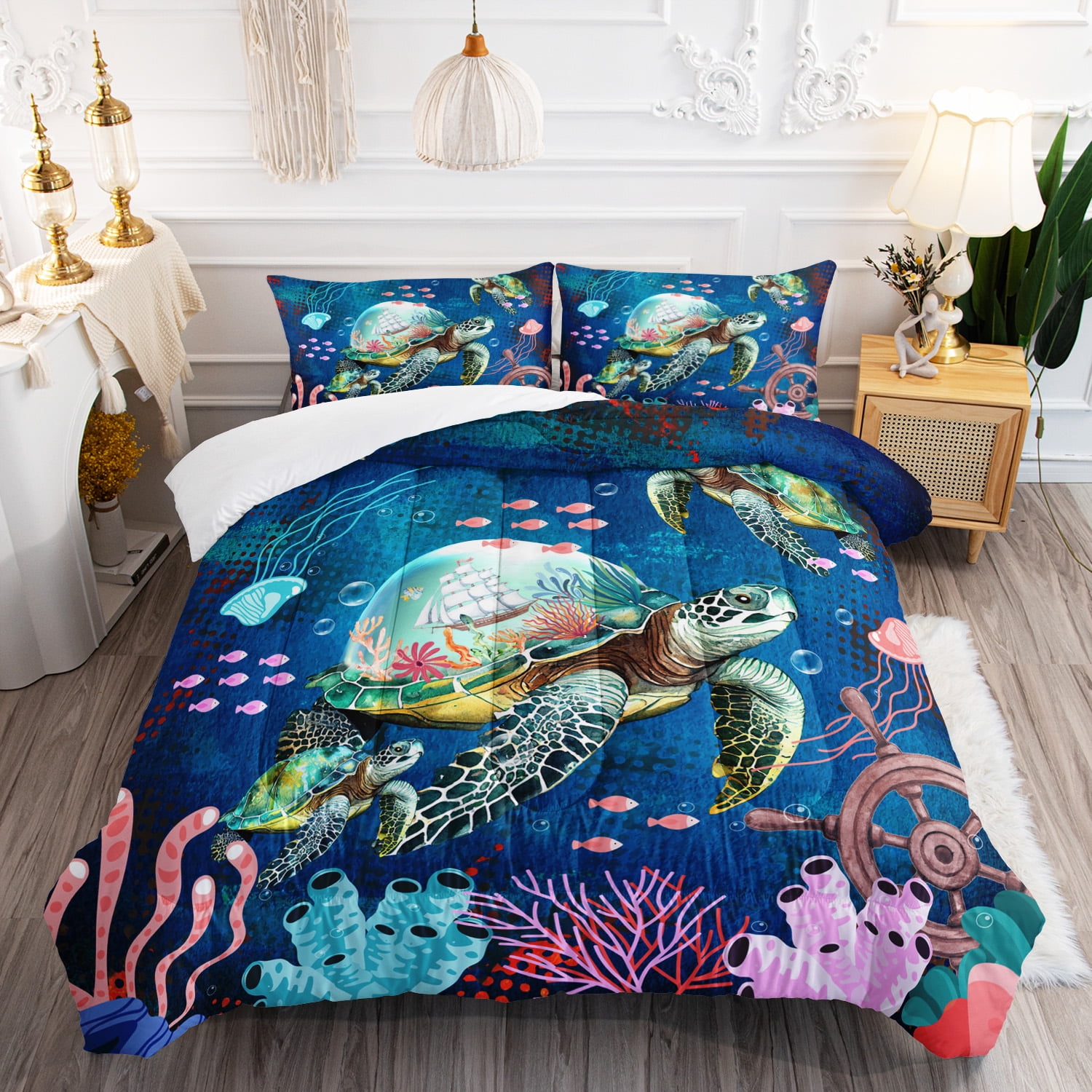 Hosima 3-Piece 3D Digital Printed Comforter Set ，Deep-sea Turtle, Adult ...