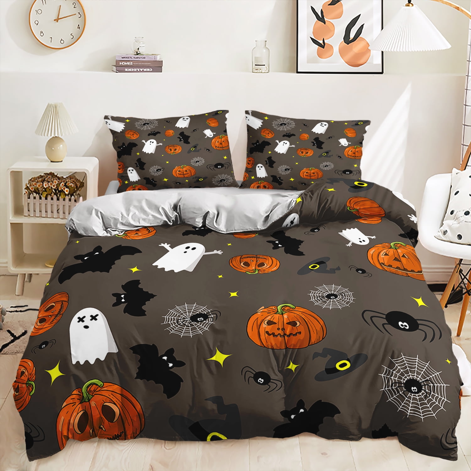 Hosima 3-Piece Brown Printed Duvet Cover Full Size Halloween Theme ...