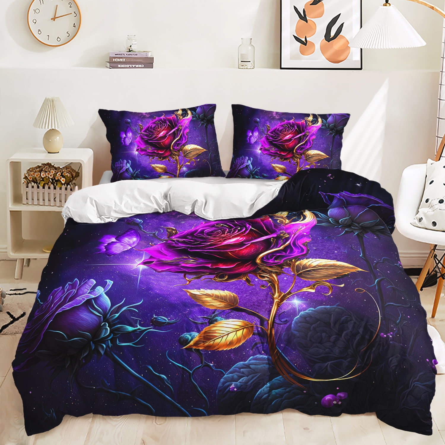 Hosima 3-piece 3D Digital Printed Duvet Cover,Purple Rose Pattern Quilt ...