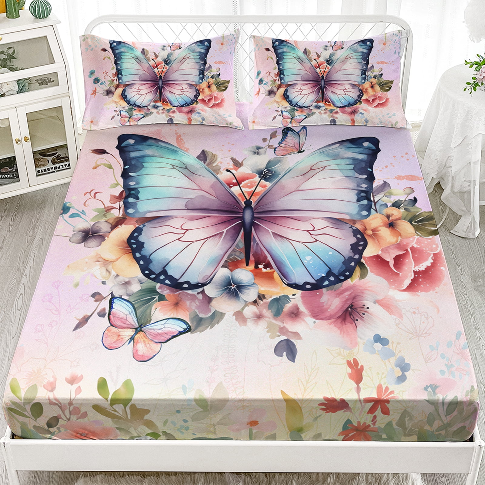 Hosima Three Piece Soft Microfiber Fitted Sheet, Butterfly Series ...