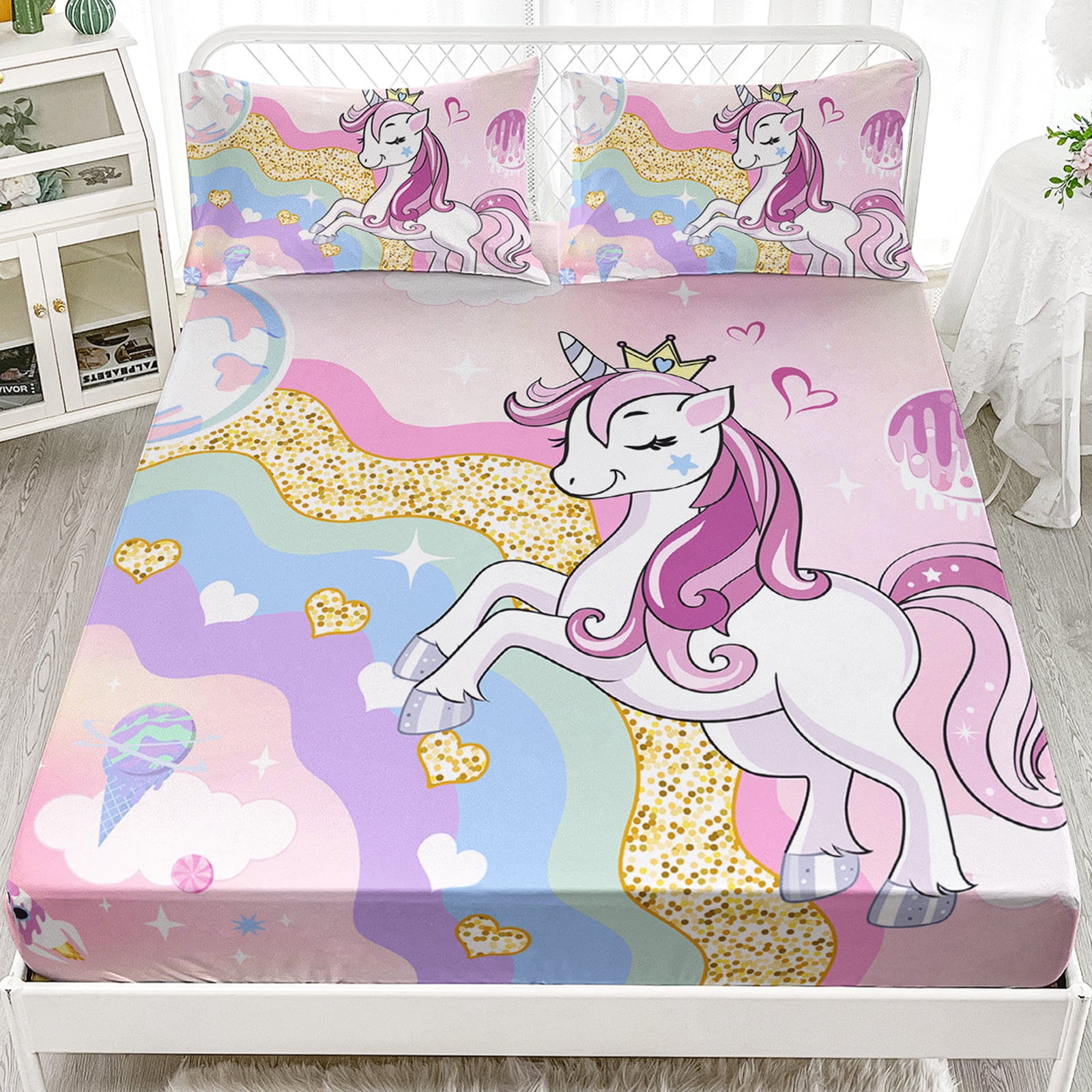 Hosima Three Piece Soft Microfiber Fitted Sheet, Unicorn Cartoon Fitted ...