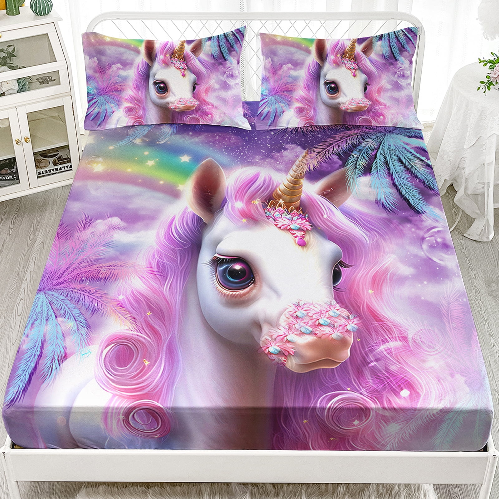 Hosima Three Piece Soft Microfiber Fitted Sheet, Unicorn Cartoon Fitted ...