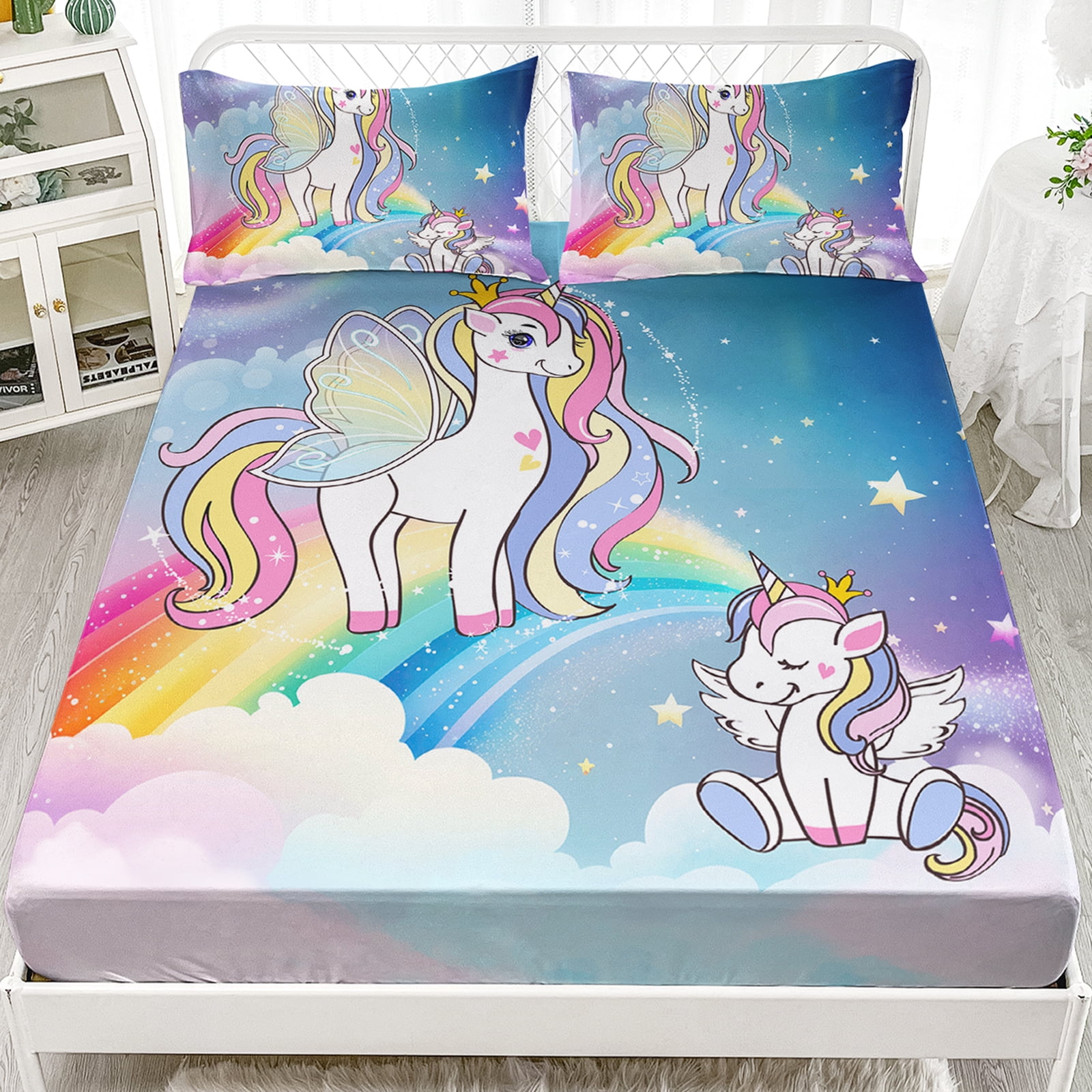 Hosima Three Piece Soft Microfiber Fitted Sheet, Unicorn Cartoon Fitted ...