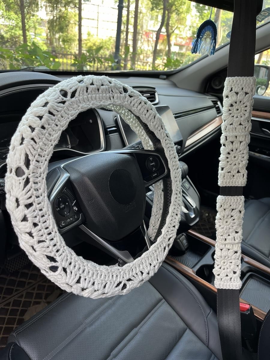 Hosootan Crochet Car Steering Wheel Cover,Sunflower Seatbelt Cover ...
