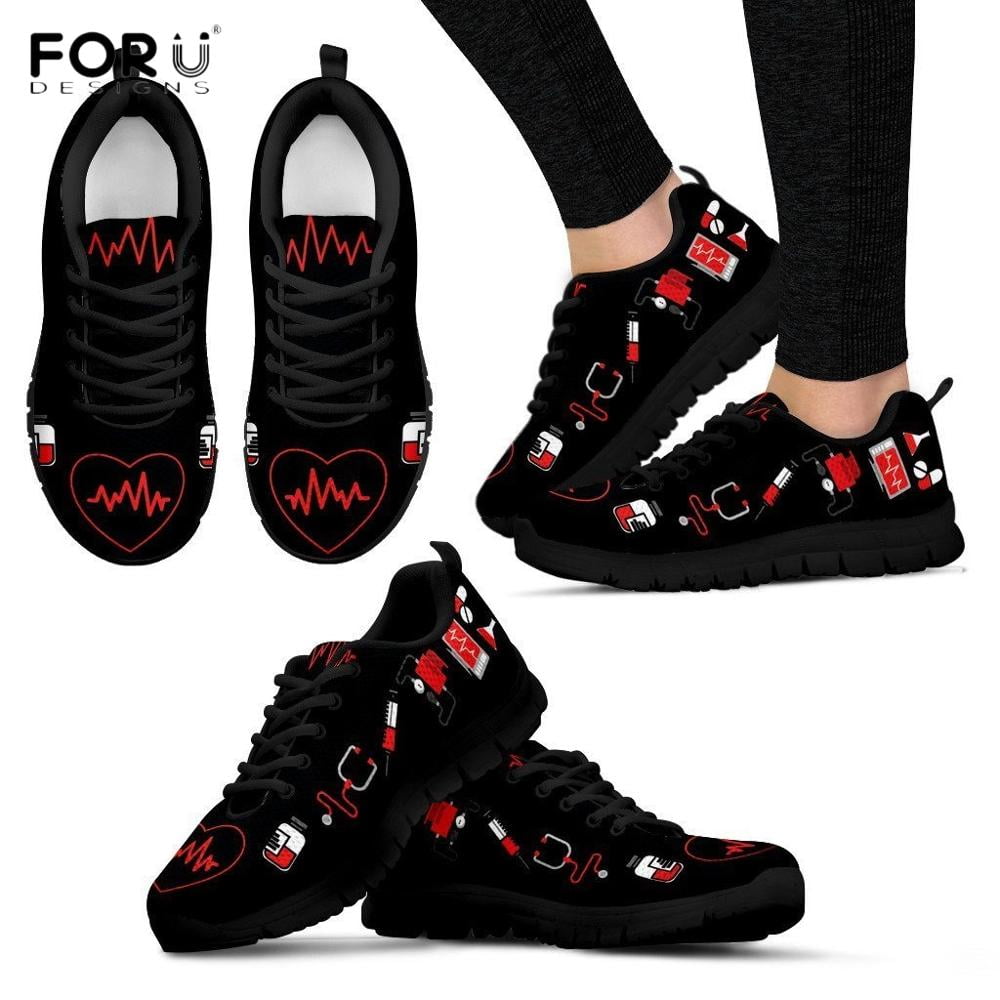 Hospital Equipment Nurse Heart Beat Print Women Flats Shoes Breathable ...