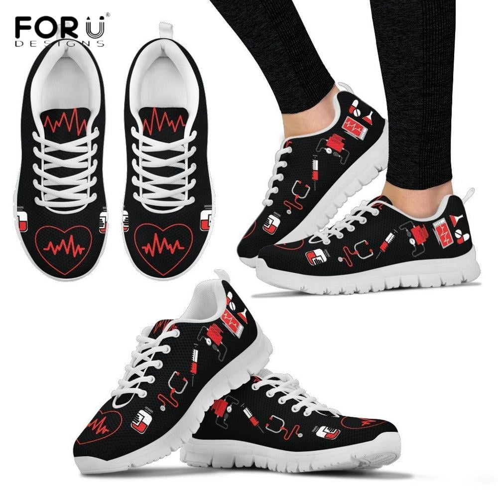 Hospital Equipment Nurse Heart Beat Print Women Flats Shoes Breathable ...