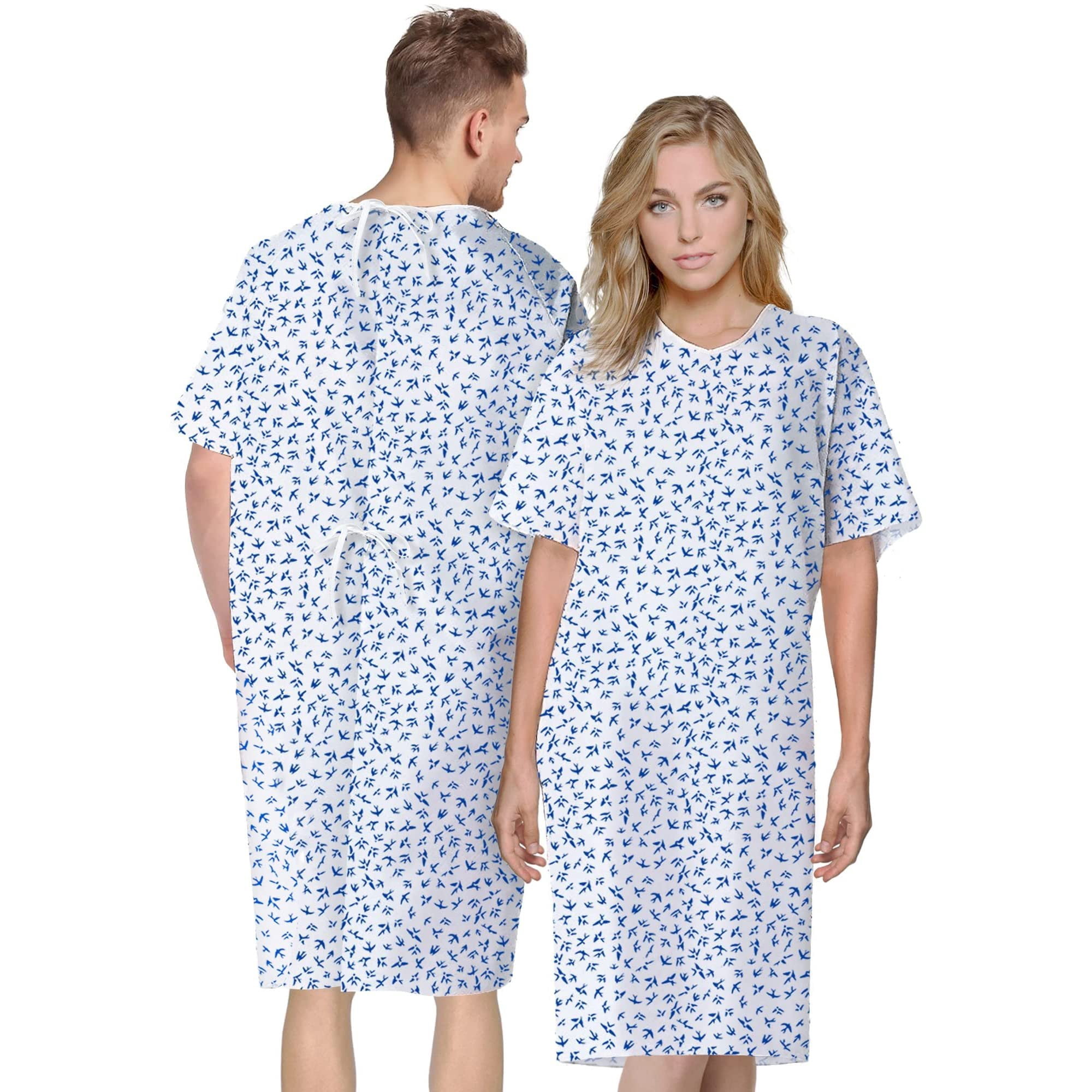 Cotton Patient Gown White with Bird Print, Neck and Waist Ties. Pack of ...