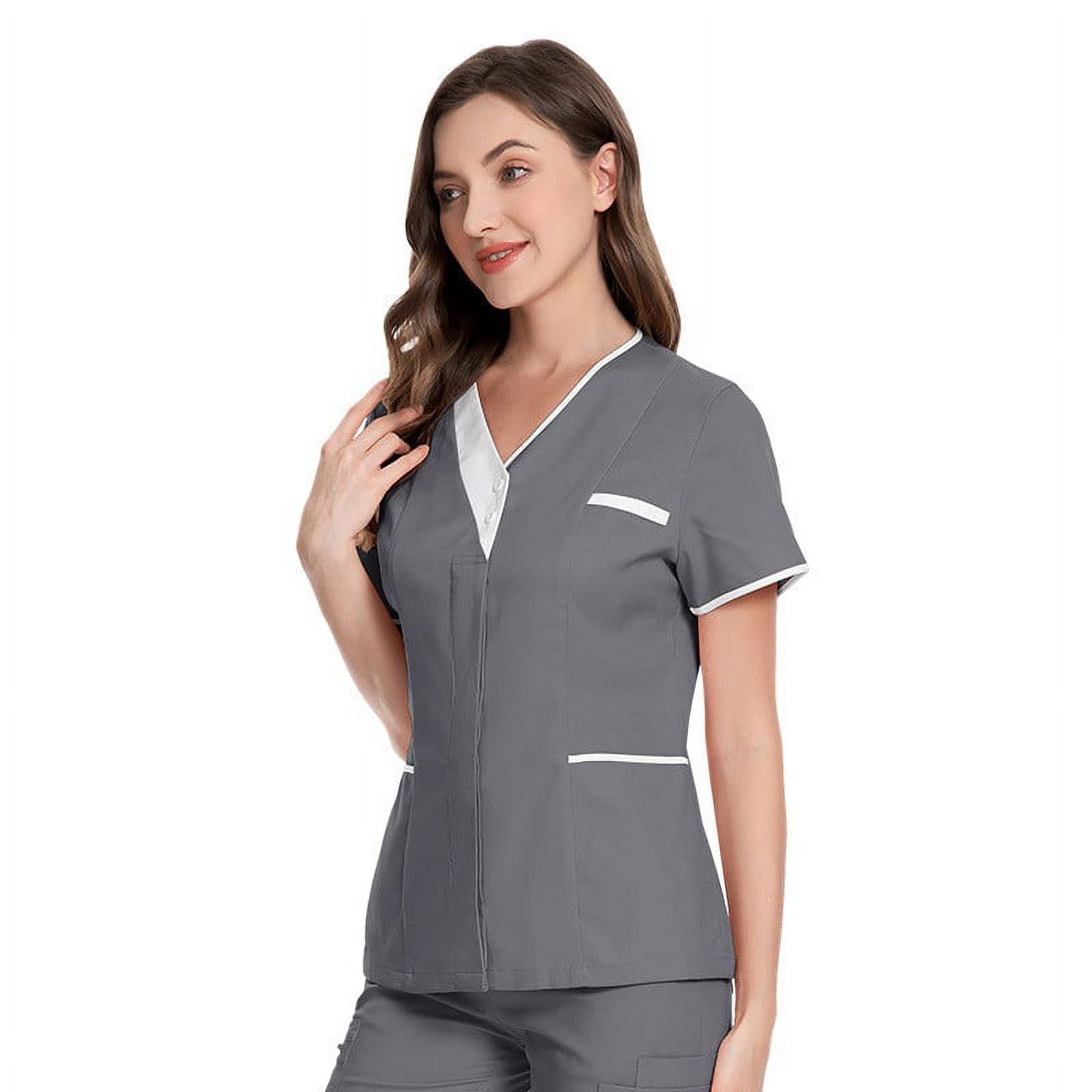 Hospital Nurse Tops V-Neck Short Sleeve Pockets Buttons Uniforms Women ...