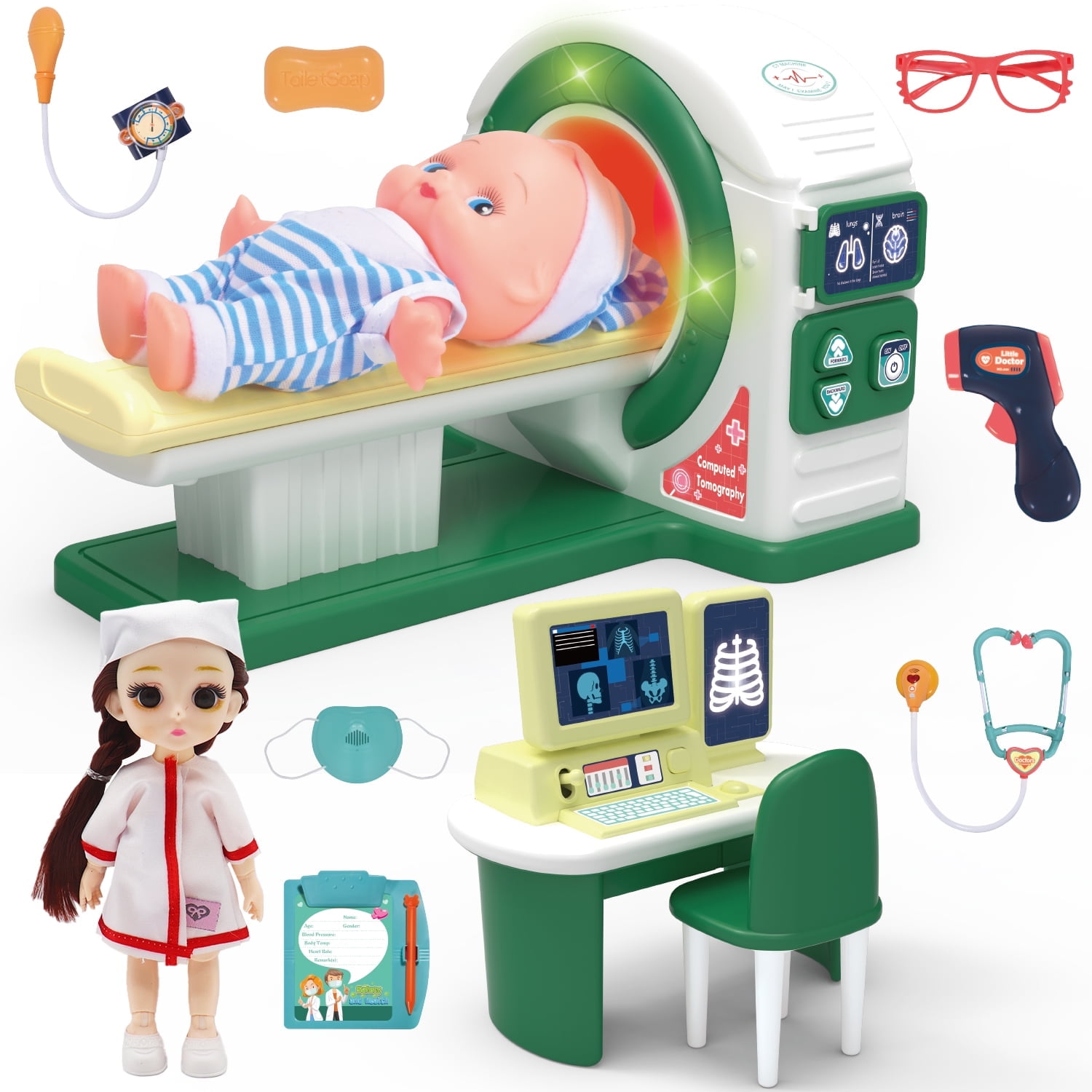 Hospital Playset, 12PCS Doctor Play Toys, CT Machine Model with Light ...