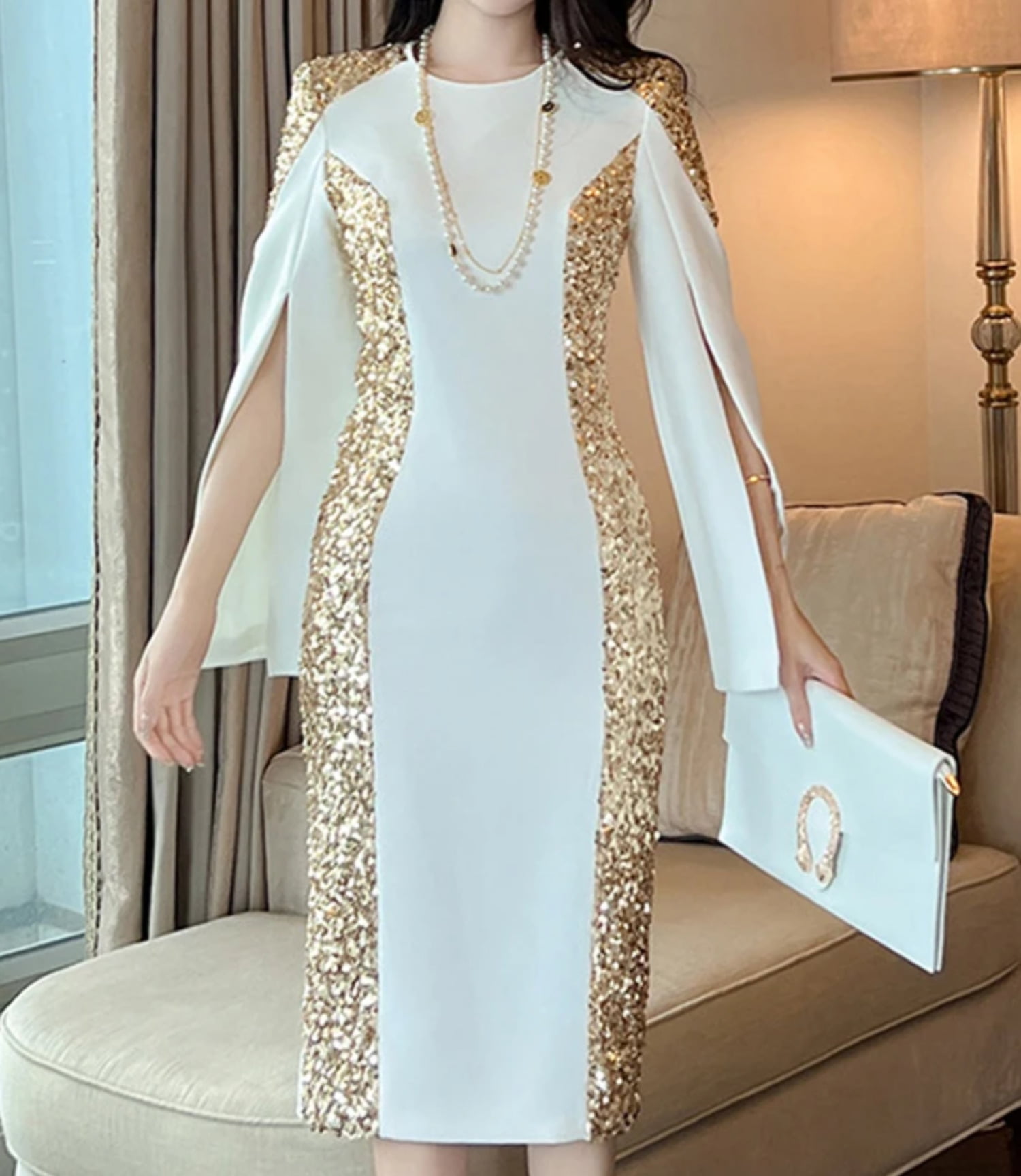 Host Banquet Evening Dress Women Gold Sequins White Slim Robe Femme ...