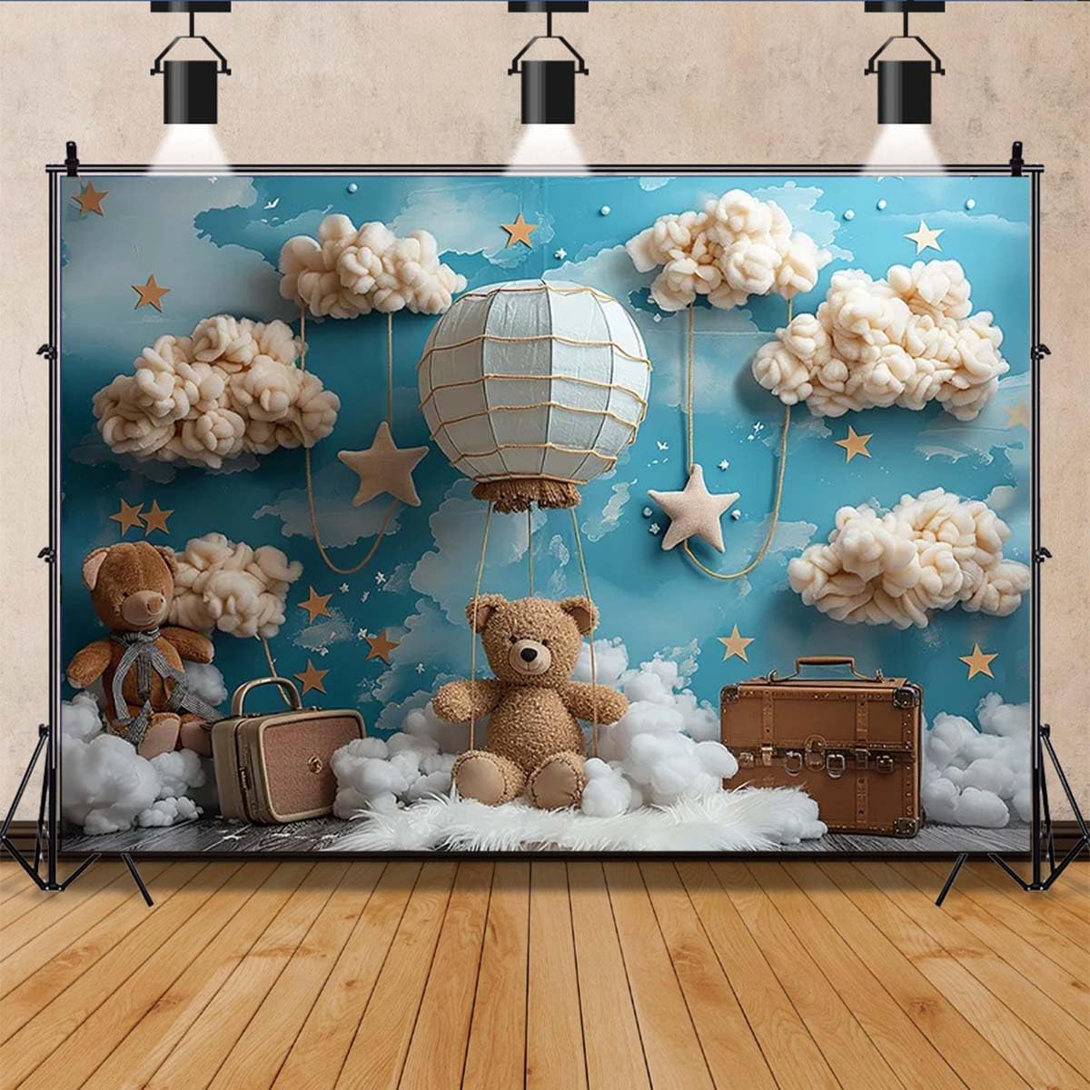 Hot Air Balloon Bear Baby Shower Photography Background Blue Wall Cloud ...
