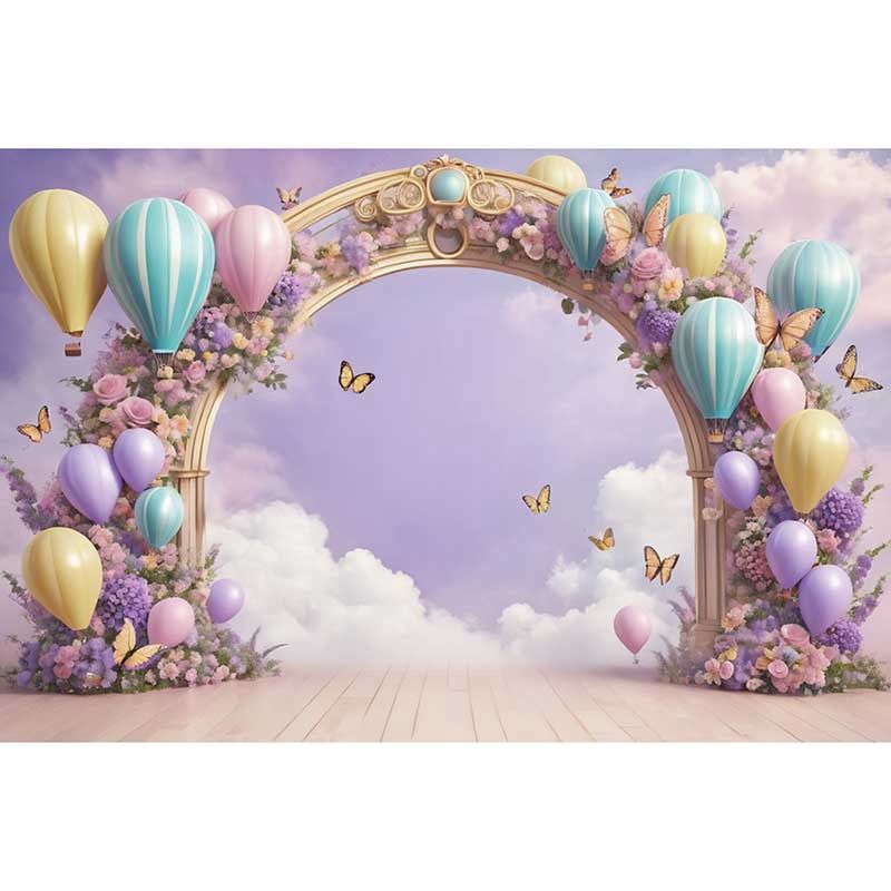 Hot Air Balloon Birthday Photo Studio Background Floral Flower Arch ...