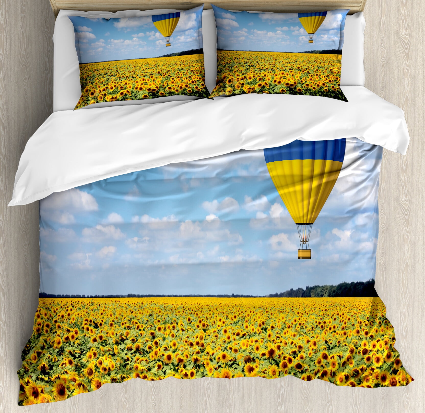 Hot Air Balloon Duvet Cover Set, Photo of Sunflower Fields Clouds Sky ...
