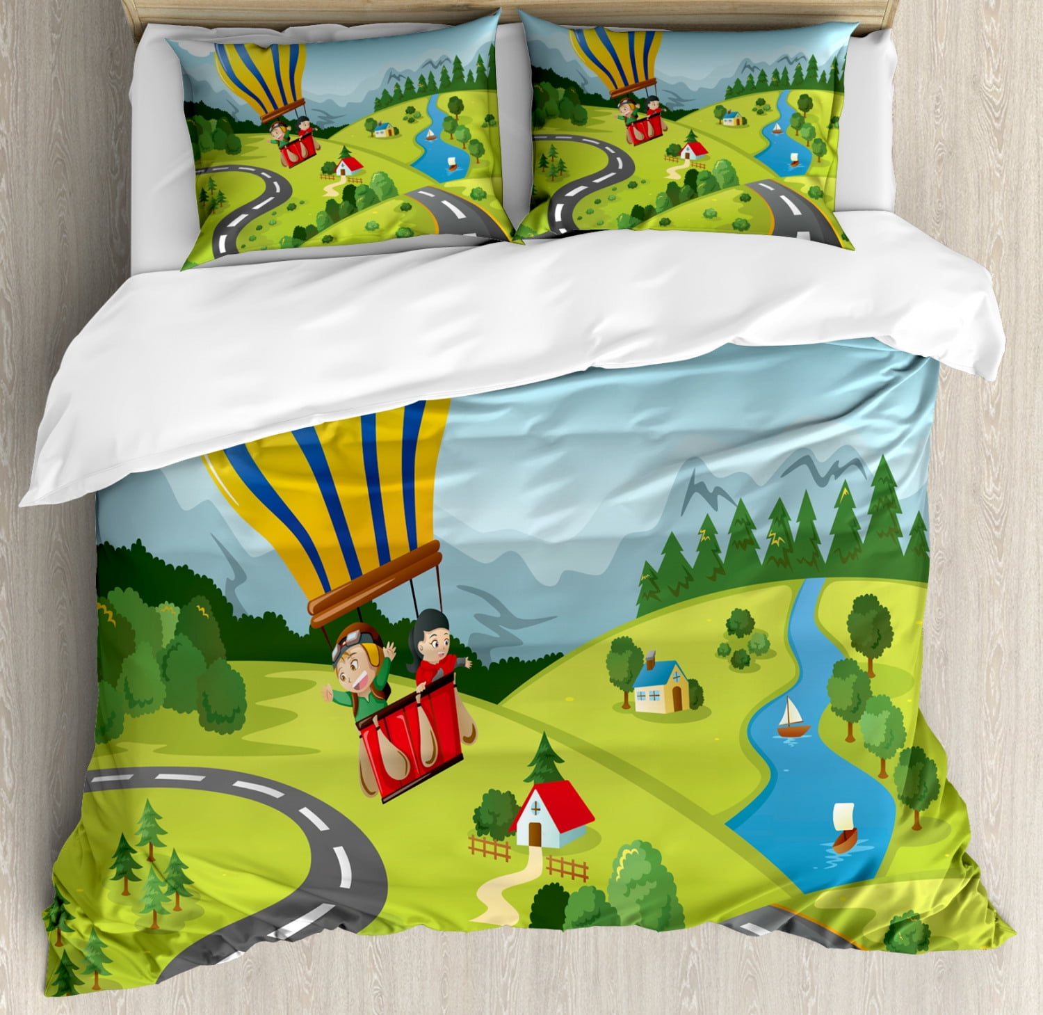 Hot Air Balloon Duvet Cover Set Queen Size, Cartoon Style Mountains Fir ...