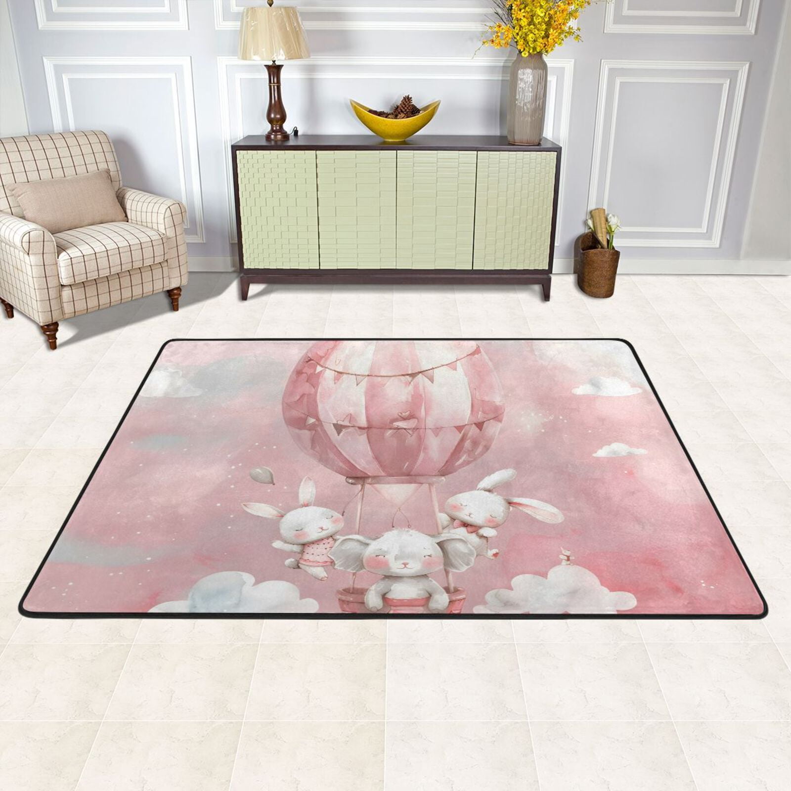 Hot Air Balloon Elephant Rabbit Area Rug Washable 72 x 48 Floor Carpet ...