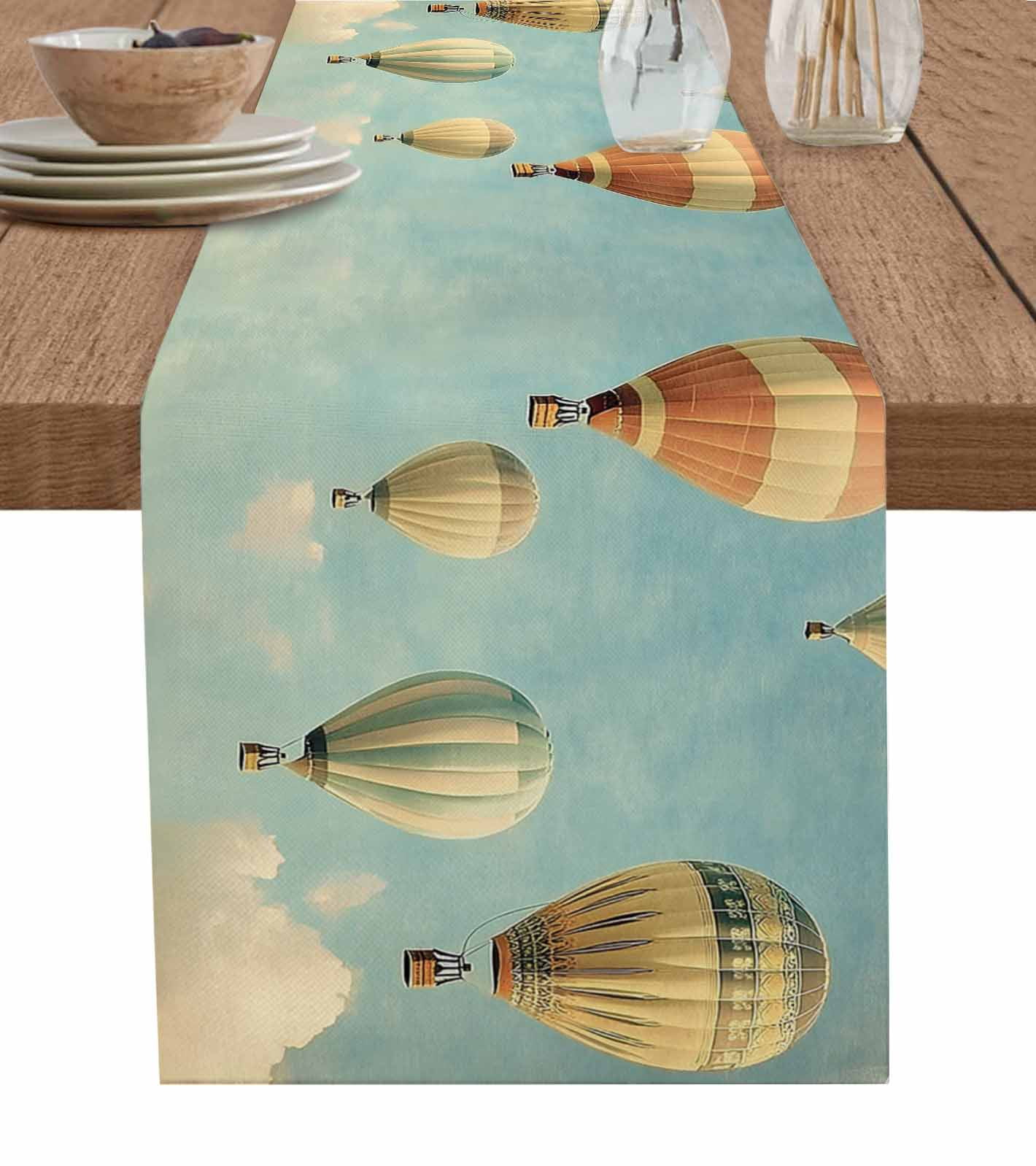 Hot Air Balloon Flying Burlap Cotton Table Runner 13x70 Inches Long ...