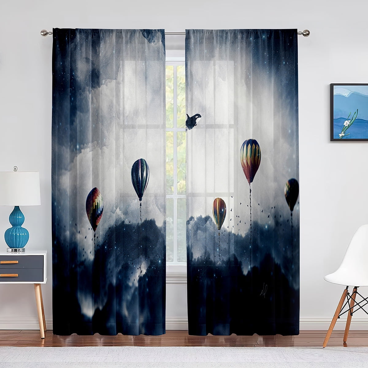 Hot Air Balloon Flying Over Snow Mountain Tulle Voile Curtains for ...