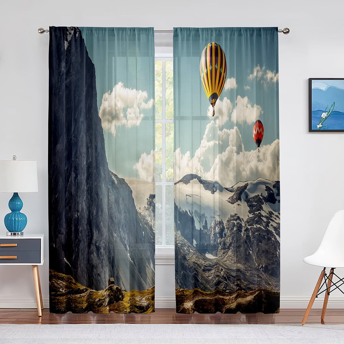 Hot Air Balloon Flying Over Snow Mountain Tulle Voile Curtains for ...