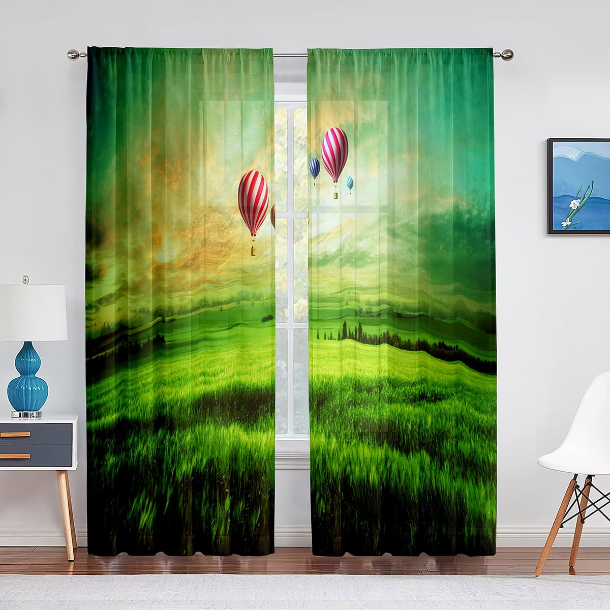 Hot Air Balloon Flying Over Snow Mountain Tulle Voile Curtains for ...