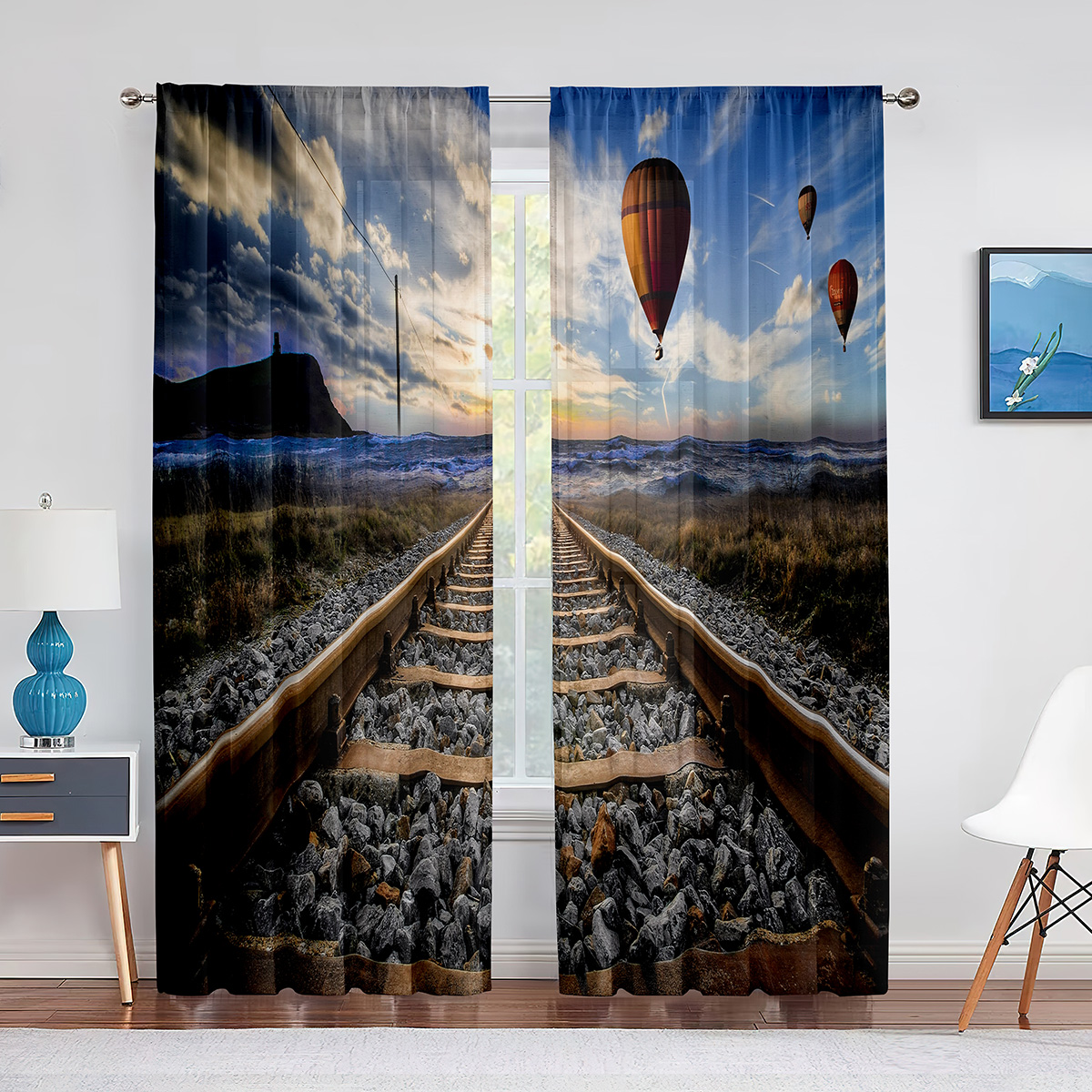 Hot Air Balloon Flying Over Snow Mountain Tulle Voile Curtains for ...