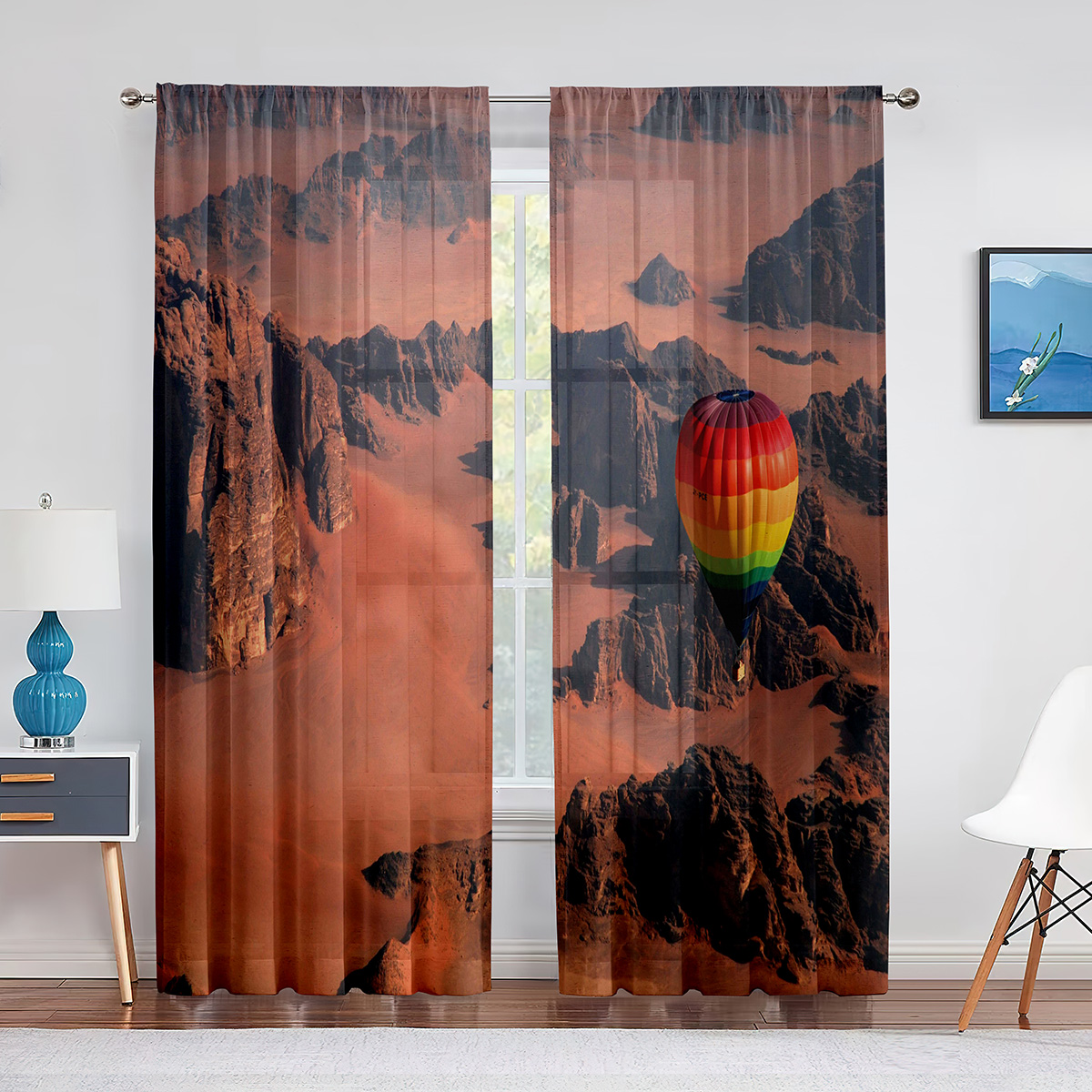 Hot Air Balloon Flying Over Snow Mountain Tulle Voile Curtains for ...
