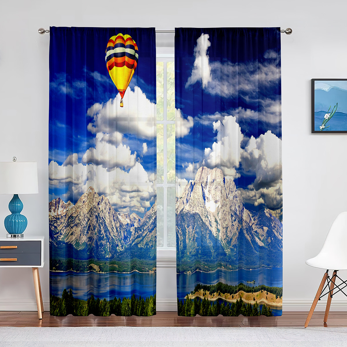 Hot Air Balloon Flying Over Snow Mountain Tulle Voile Curtains for ...