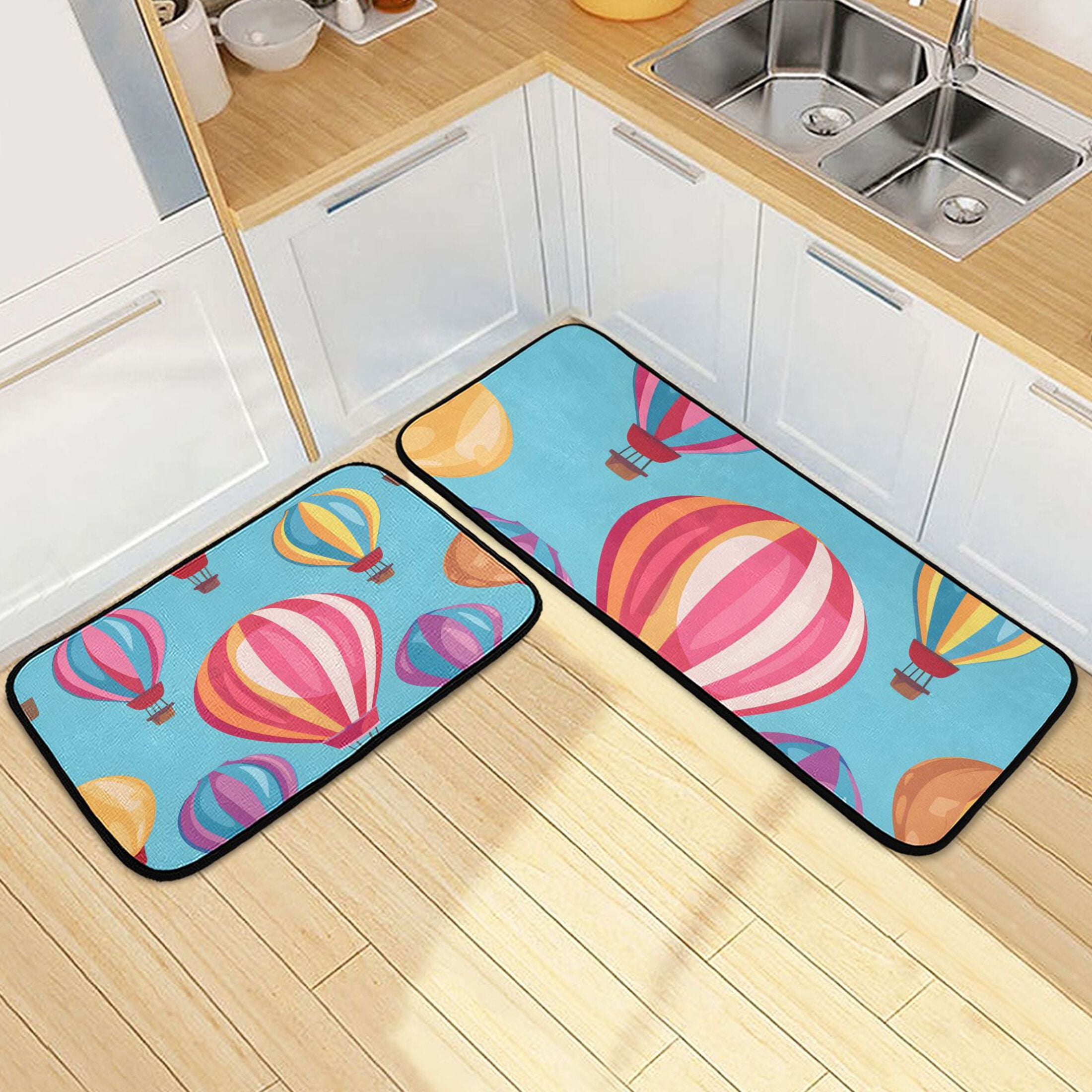 Hot Air Balloon Kitchen Rugs Set of 2 Non Slip Floor Foam Mat Cushioned ...