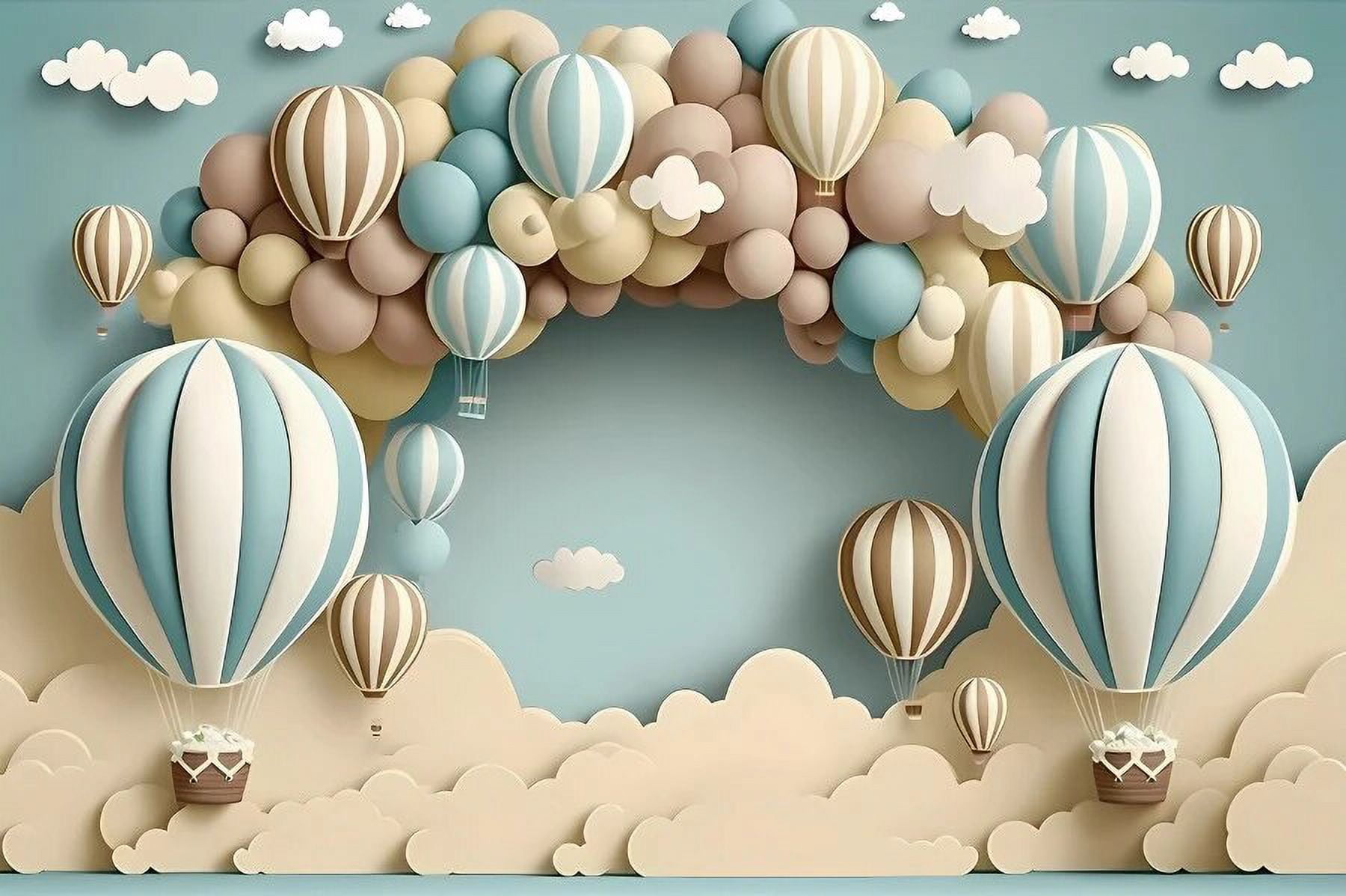 Hot Air Balloon Party Scene Backdrop Blue Balloons Cloud Girl Birthday ...