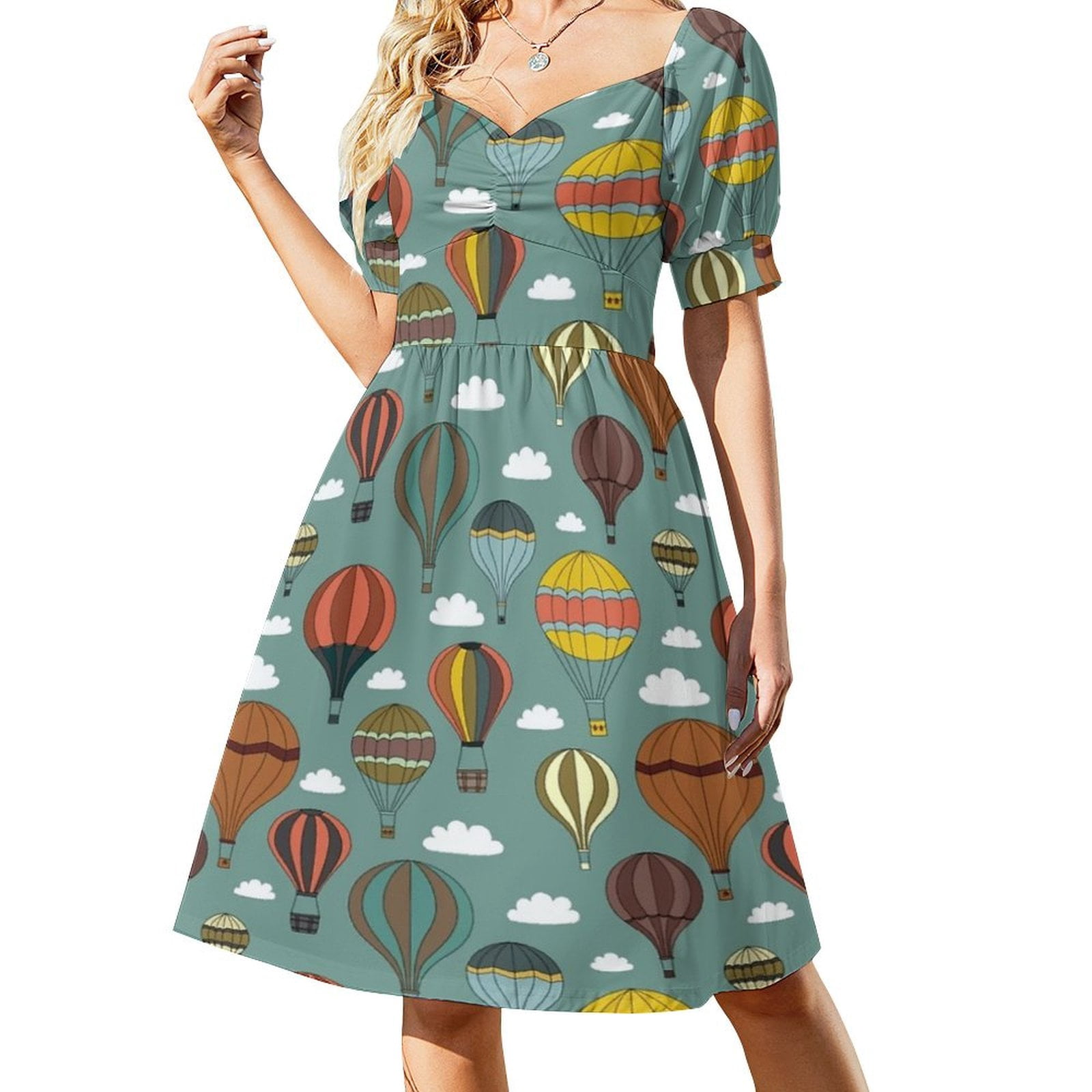 Hot Air Balloon Pattern Sky Short Sleeve Dress Clothes Women's Summer ...
