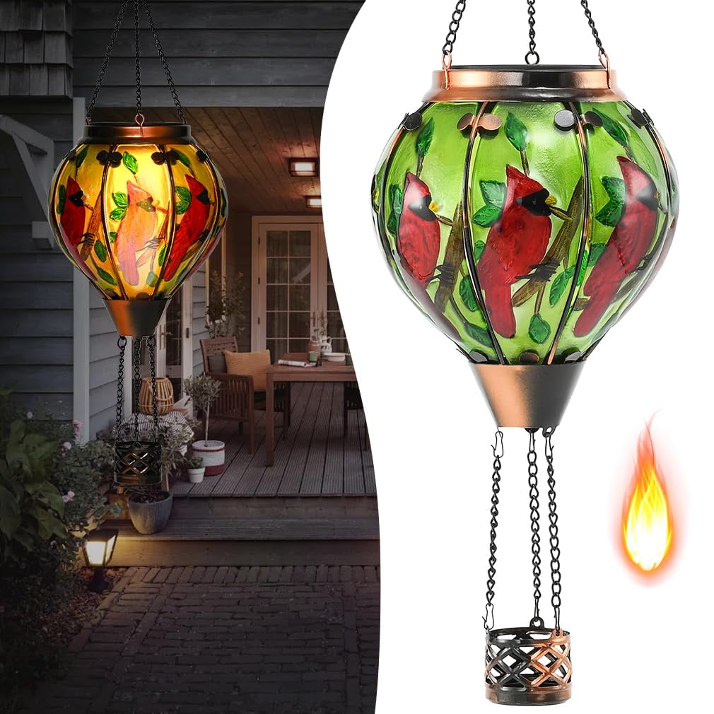 Hot Air Balloon Solar Lantern - Cardinal Bird Glass Lantern, Simulated ...
