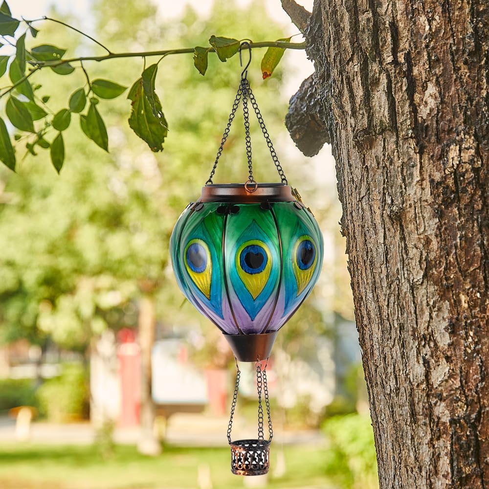 Hot Air Balloon Solar Lantern with Flickering Flame Light, Peacock ...