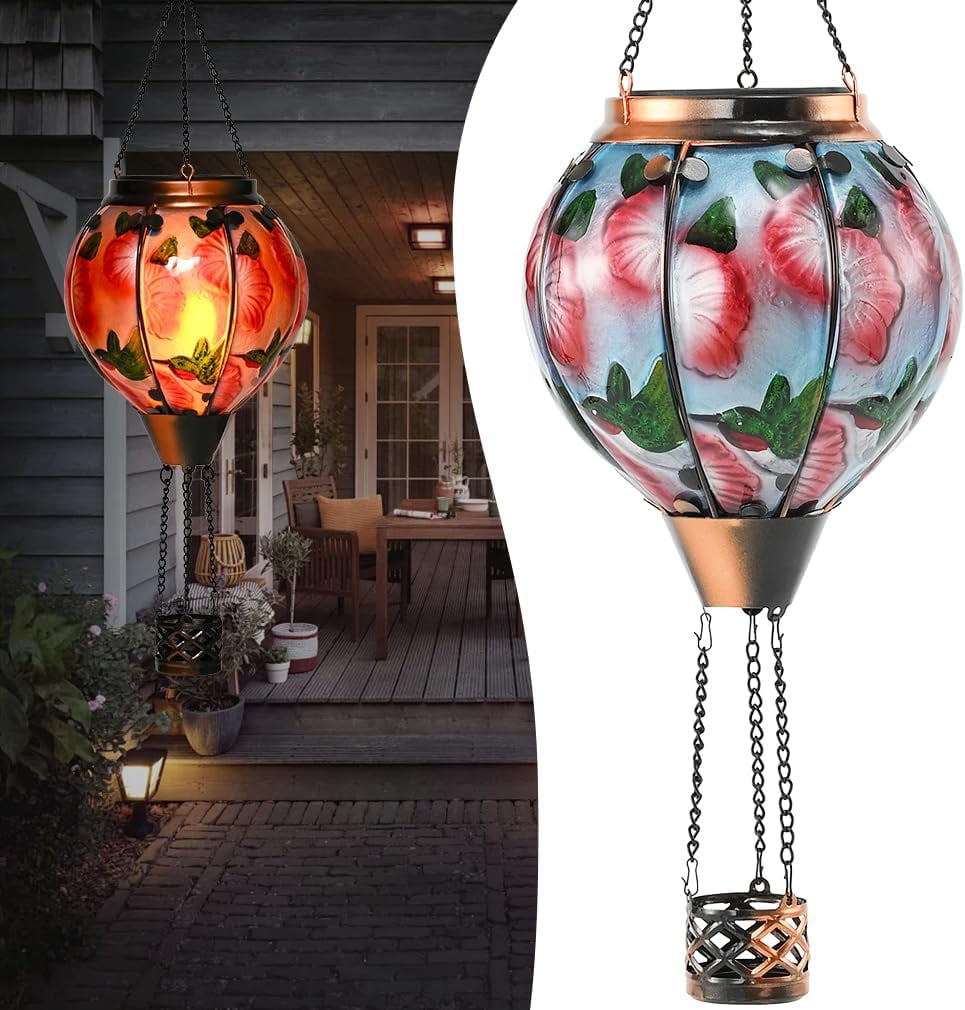 Hot Air Balloon Solar Lantern - Hummingbird Stained Glass Solar Powered ...