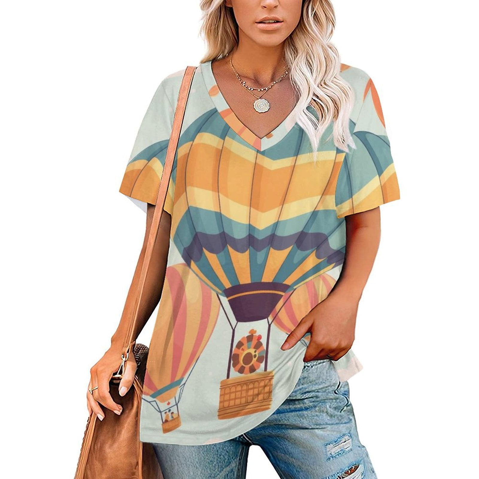 Hot Air Balloon T Shirts V Neck Short-Sleeve Printed Tshirt Women ...
