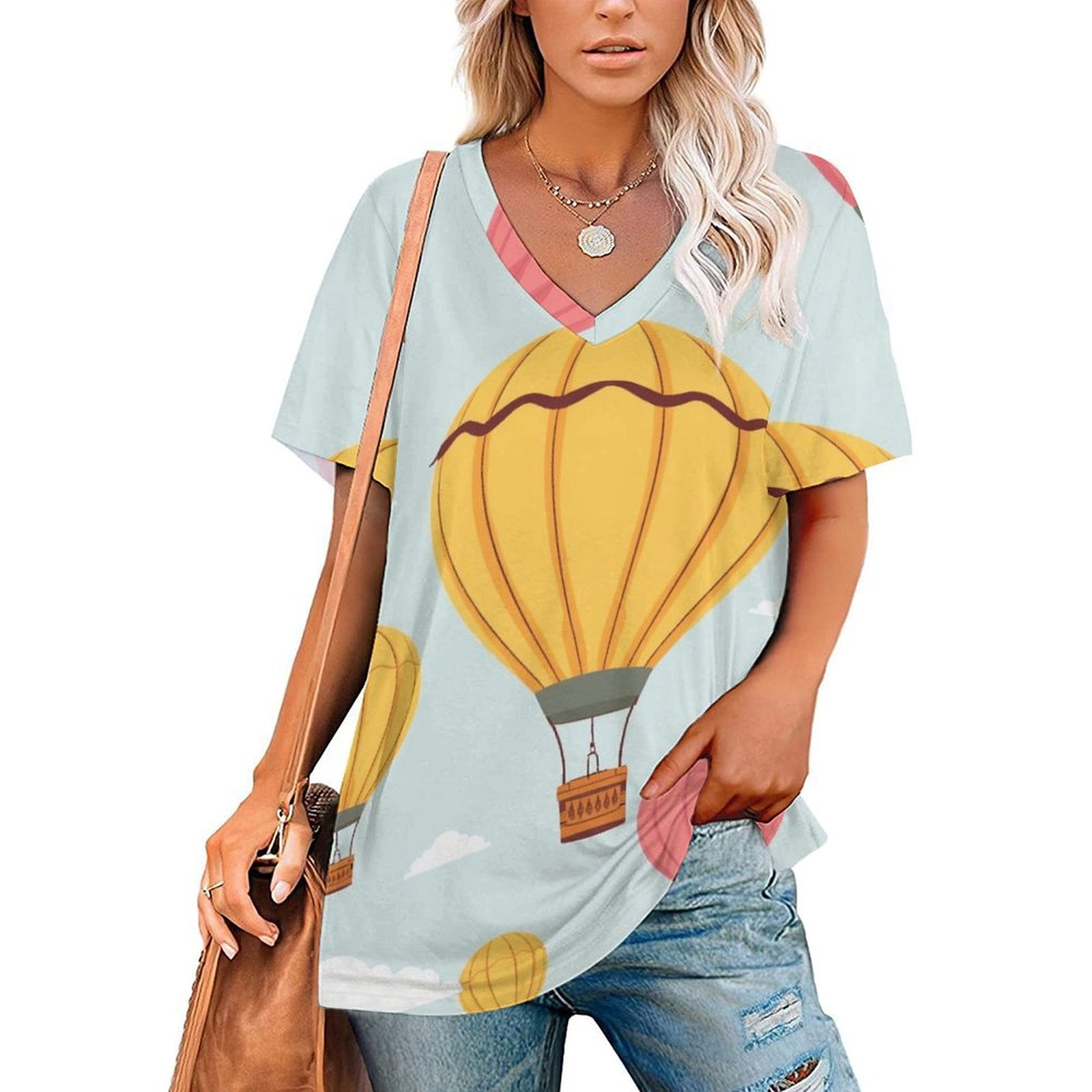 Hot Air Balloon V Neck Fashion Oversize T-Shirt Short Sleeve Aesthetic ...