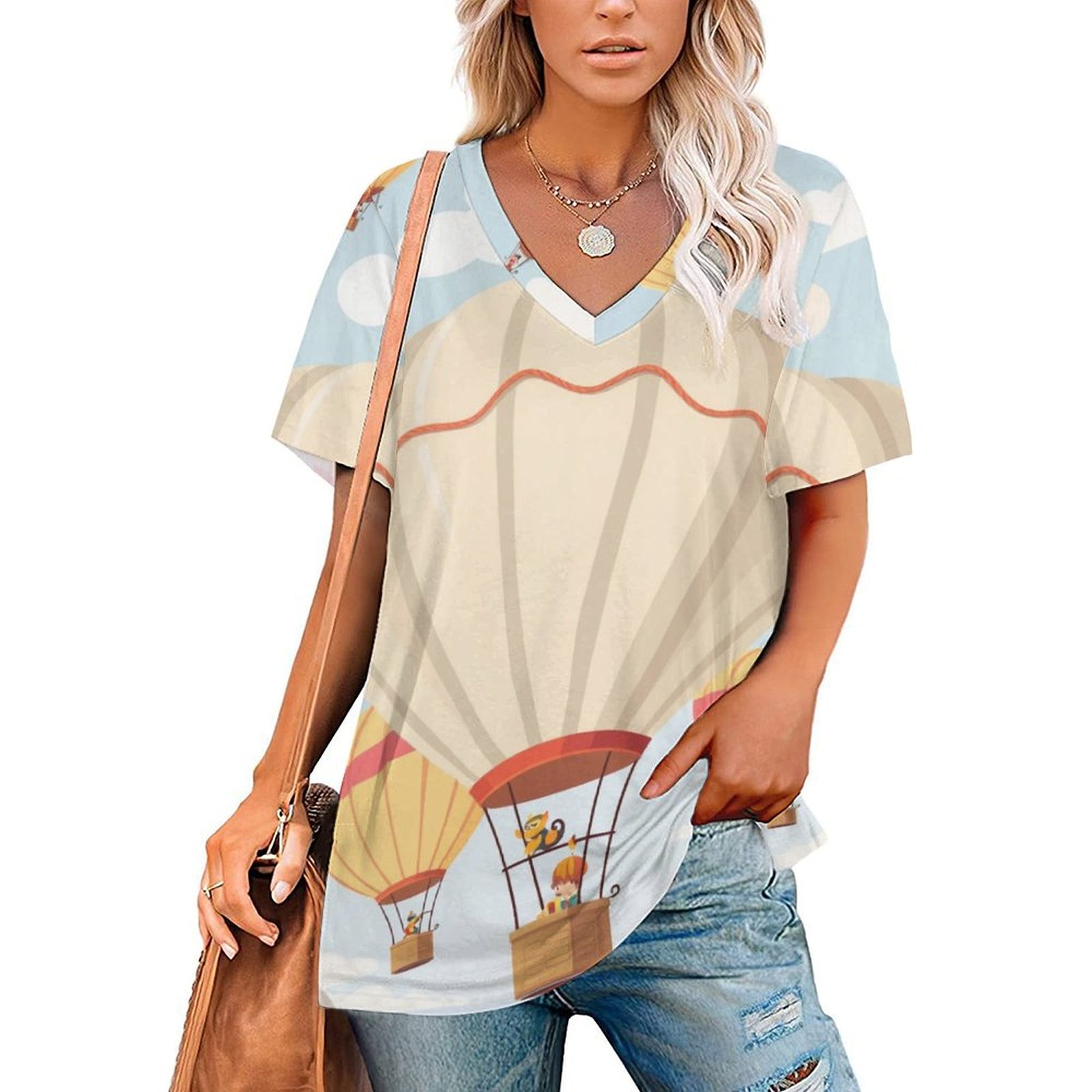 Hot Air Balloon V Neck Fashion Oversize T-Shirt Short Sleeve Aesthetic ...