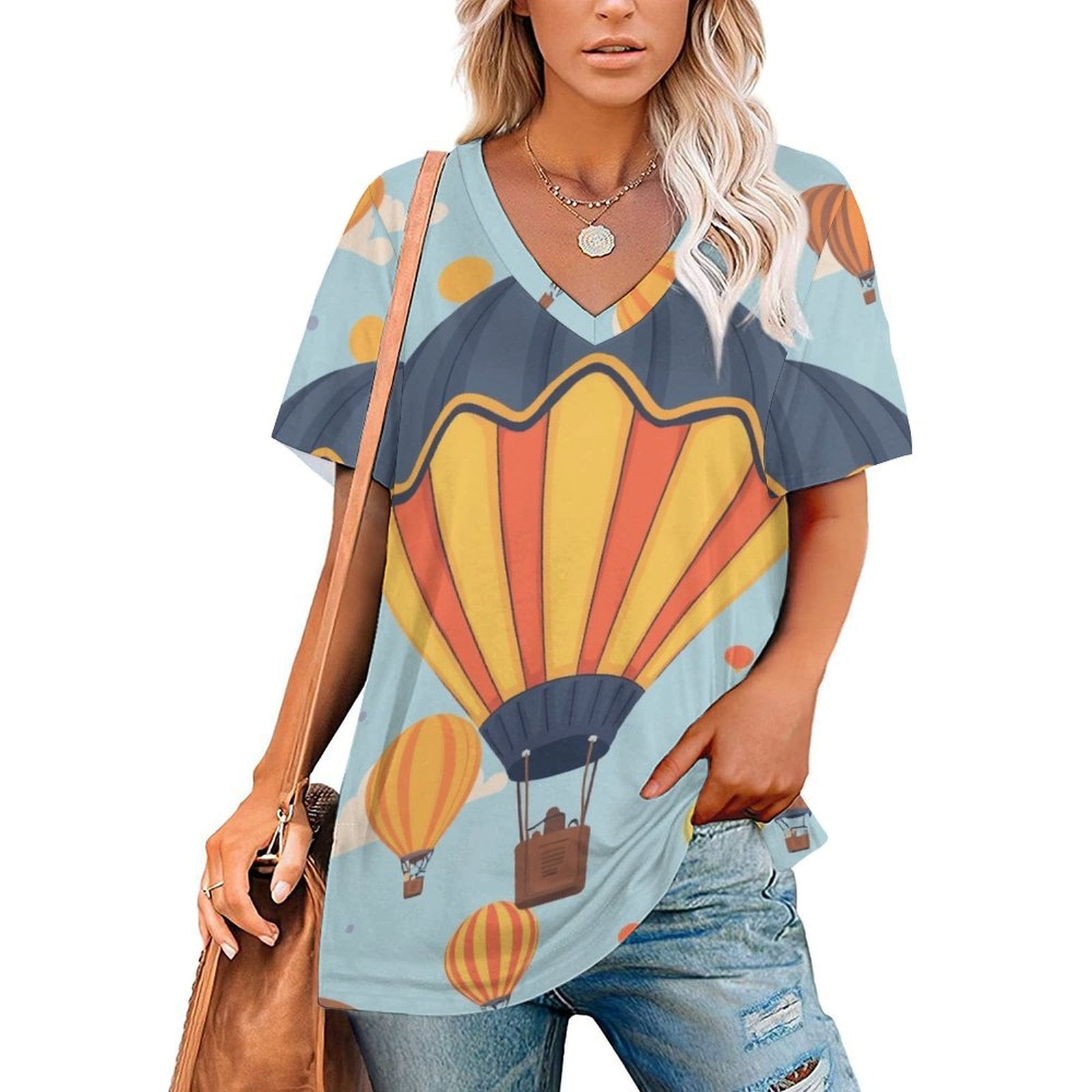 Hot Air Balloon V Neck Fashion Oversize T-Shirt Short Sleeve Aesthetic ...