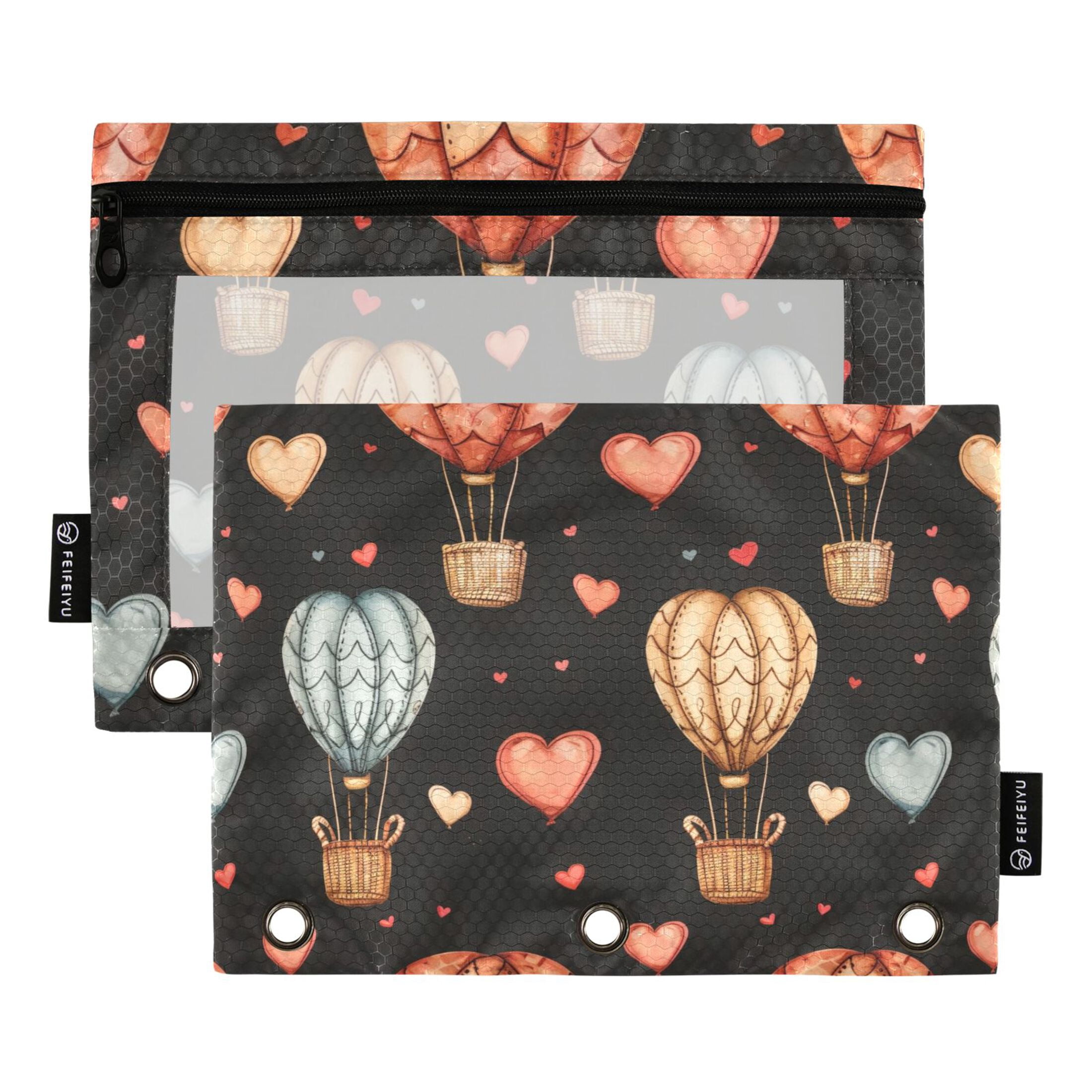 Hot Air Balloon and Heart 2 Pack Pencil Pouch for 3 Ring Binder Smooth ...