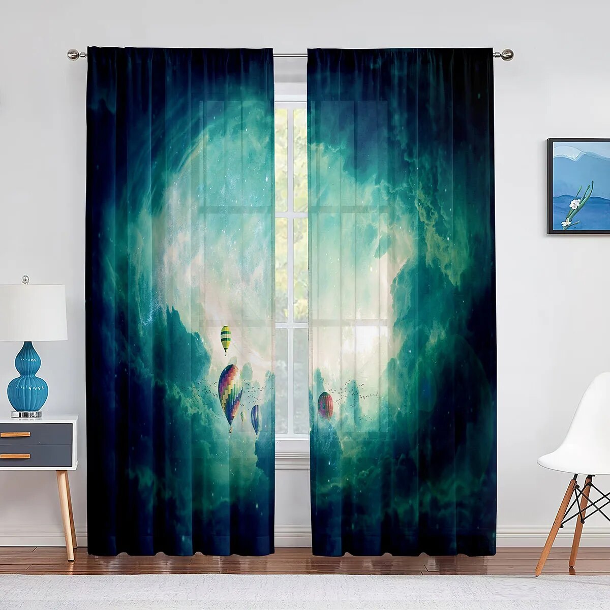 Hot Air Balloon on Sky Dreamy Scenery Sheer Voile Curtains for Bedroom ...